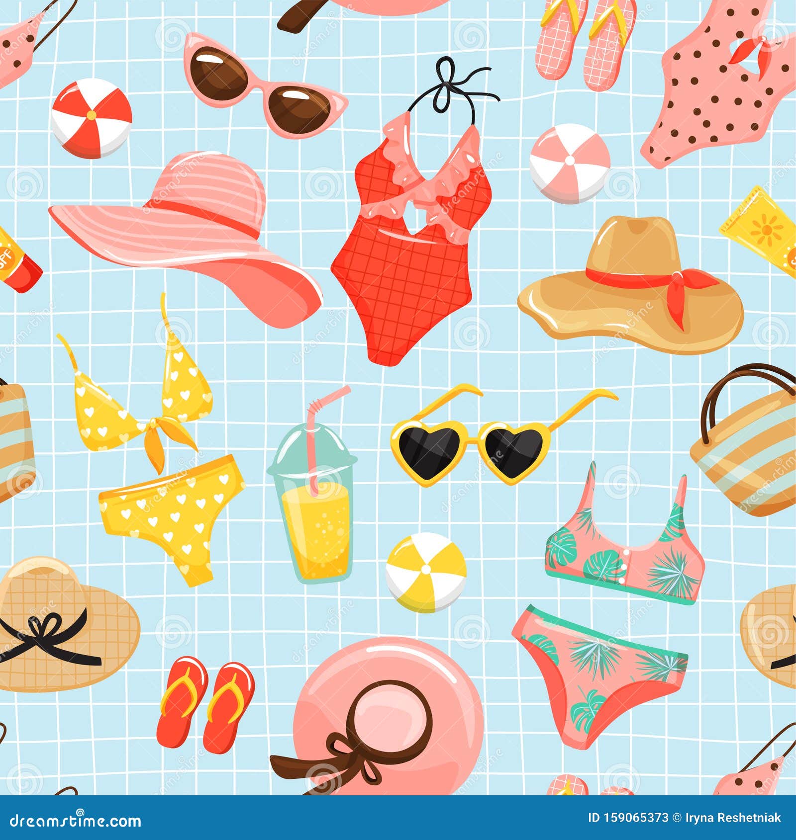 Seamless Pattern with Summer Elements and Checkered Background. Stock ...