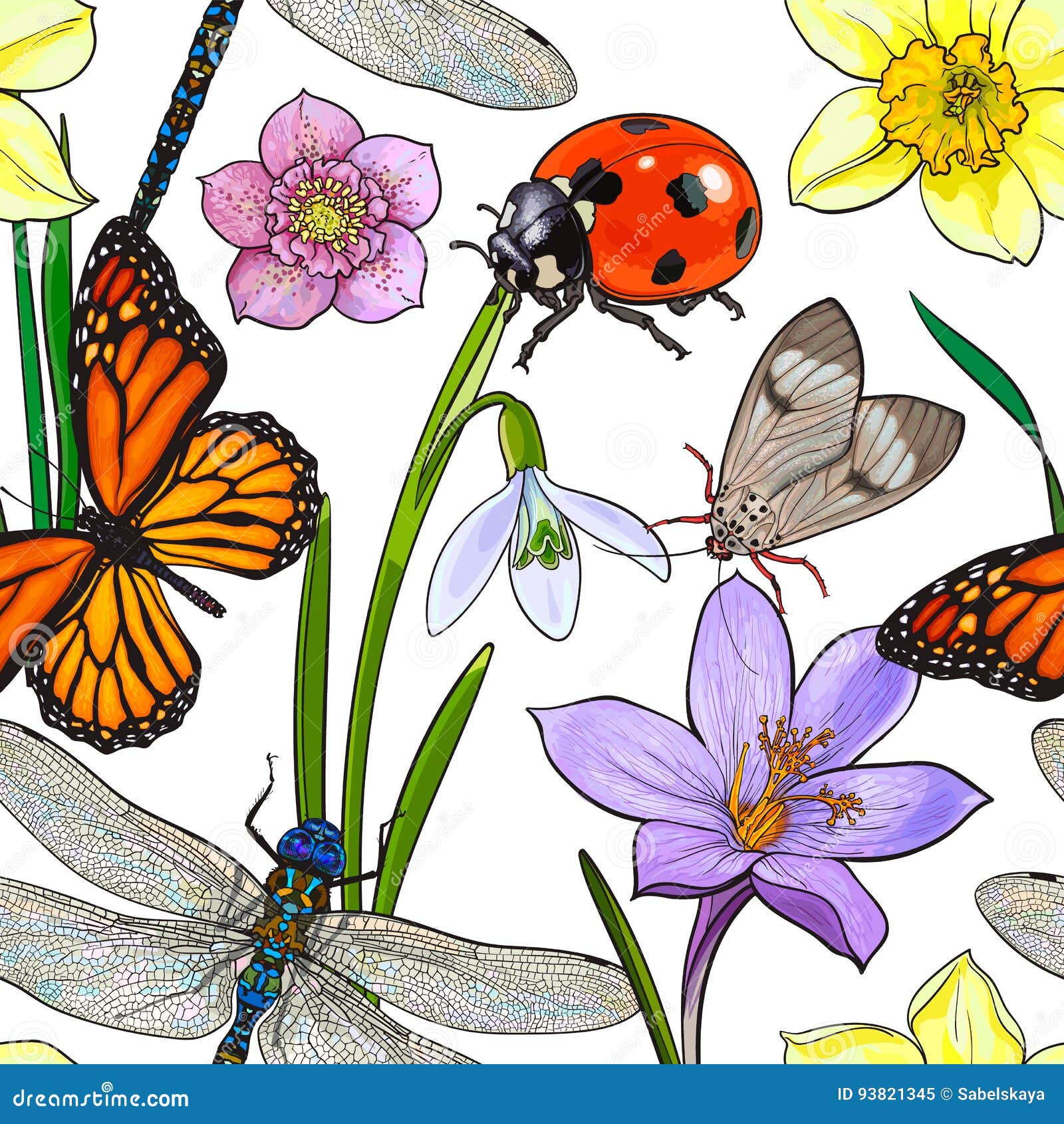 Seamless Pattern of Summer Insects and Flowers, Sketch Vector ...