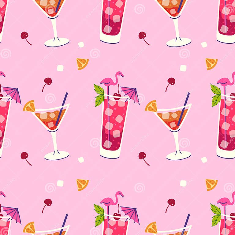 Seamless Pattern with Summer Refreshments on a Pink Background. Vector ...