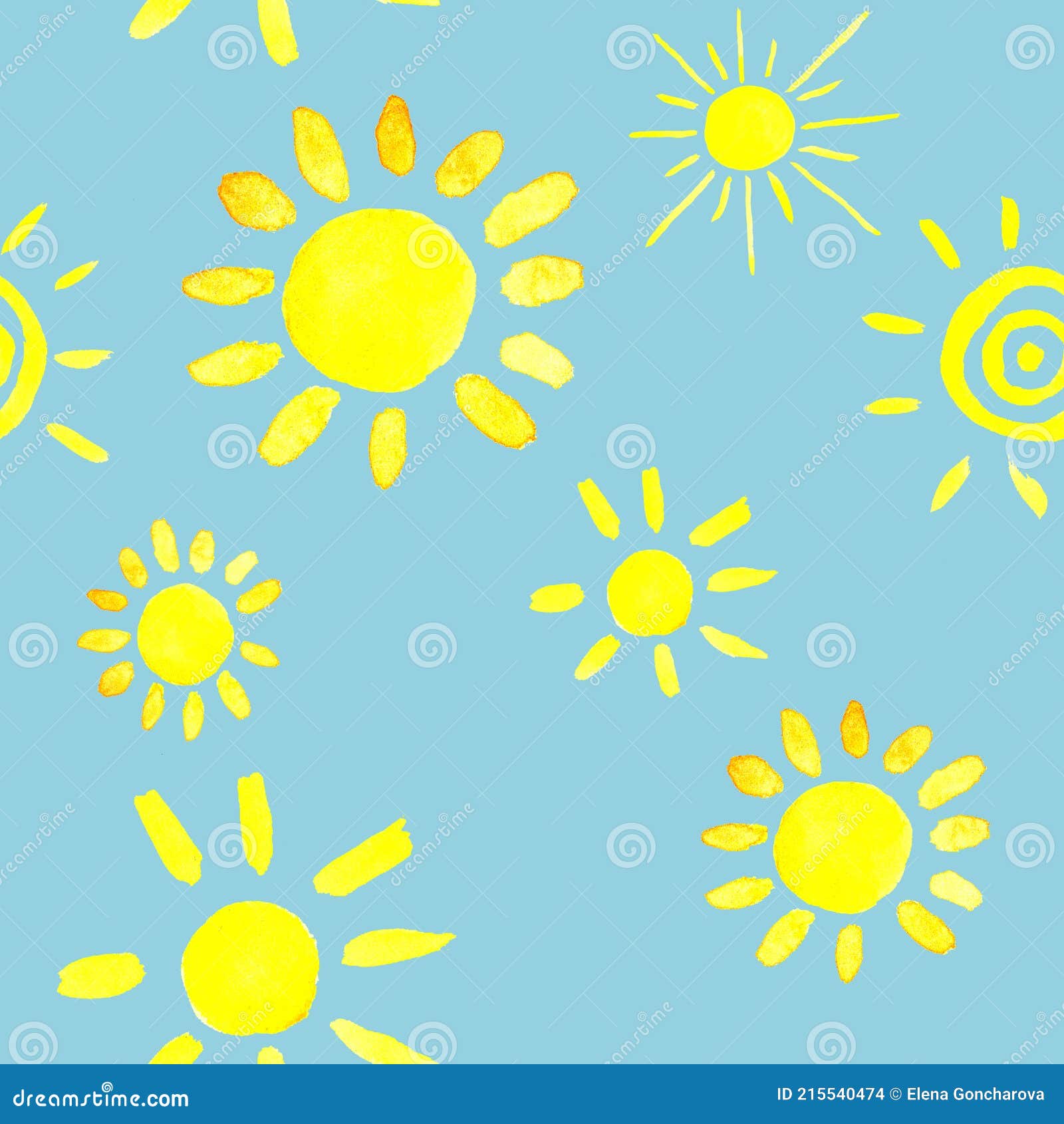 Seamless Pattern with Sun on Blue Background . Watercolor Illustration ...