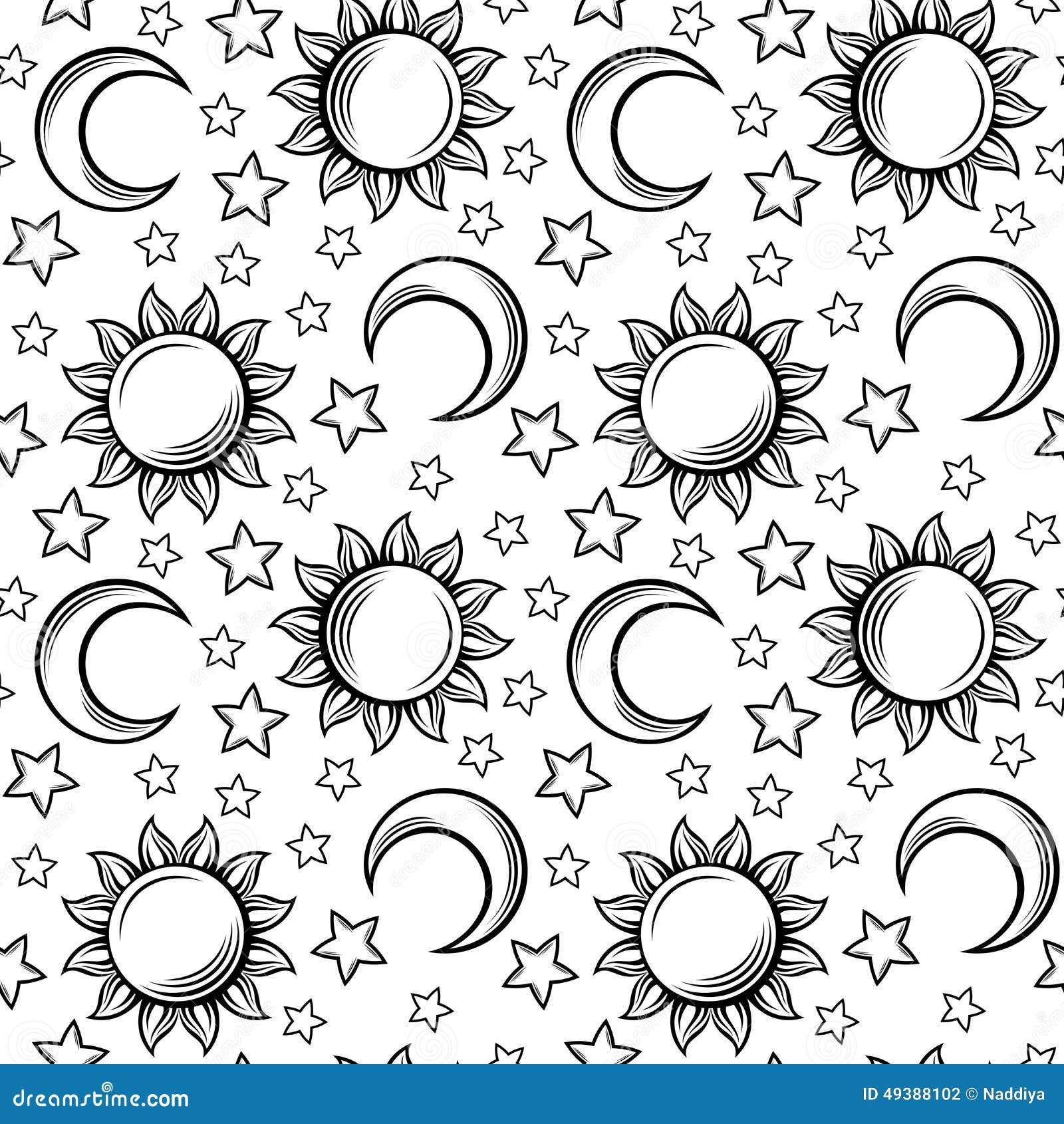 Seamless Pattern With Suns, Moons And Stars. Vector Illustration ...