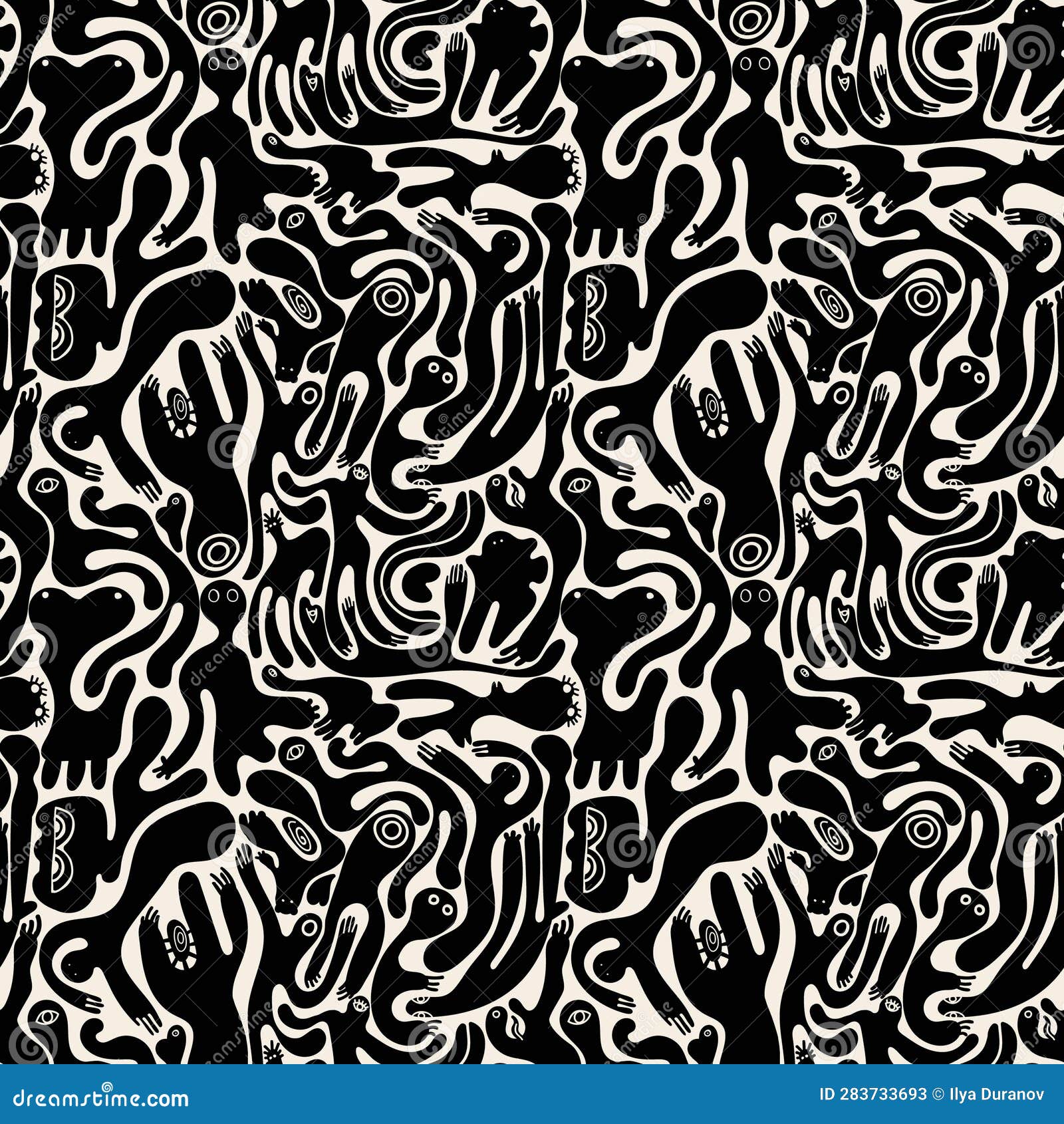 Vector Seamless Pattern with Surreal Characters. Black Abstract ...