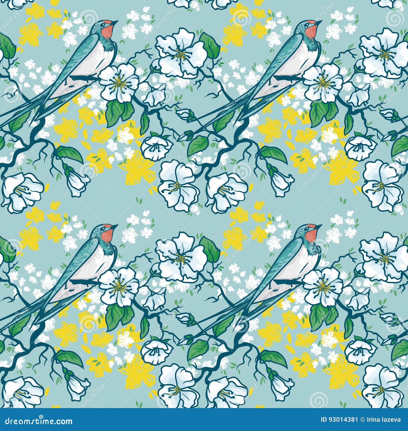 Seamless Pattern with Swallow Sitting on Blooming Tree Branches Stock ...