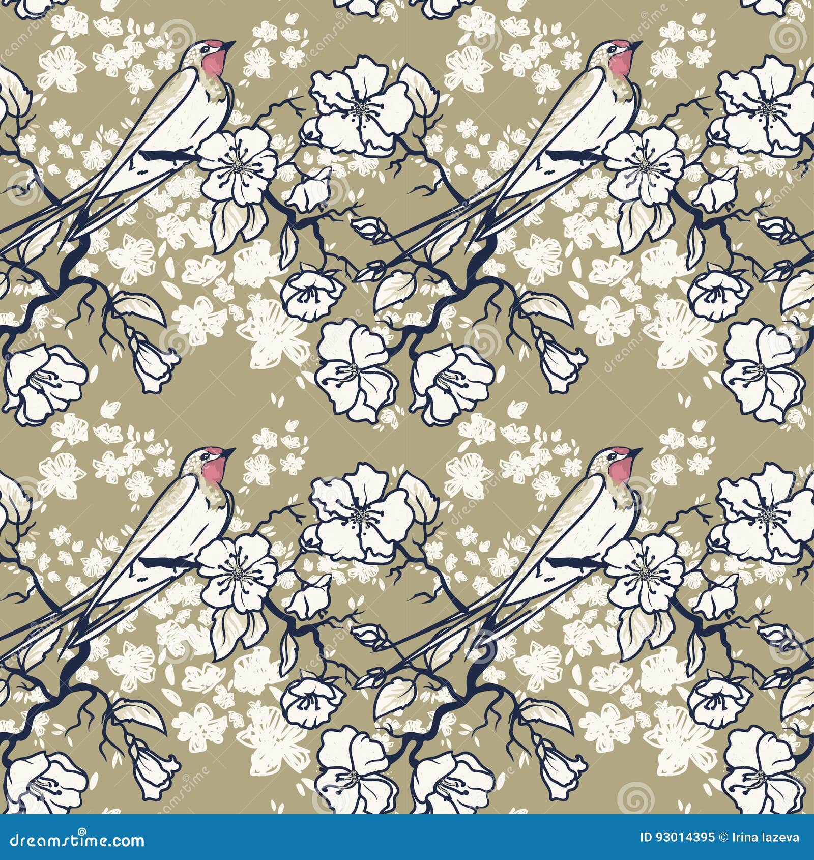 Seamless Pattern with Swallow Sitting on Blooming Tree Branches Stock ...
