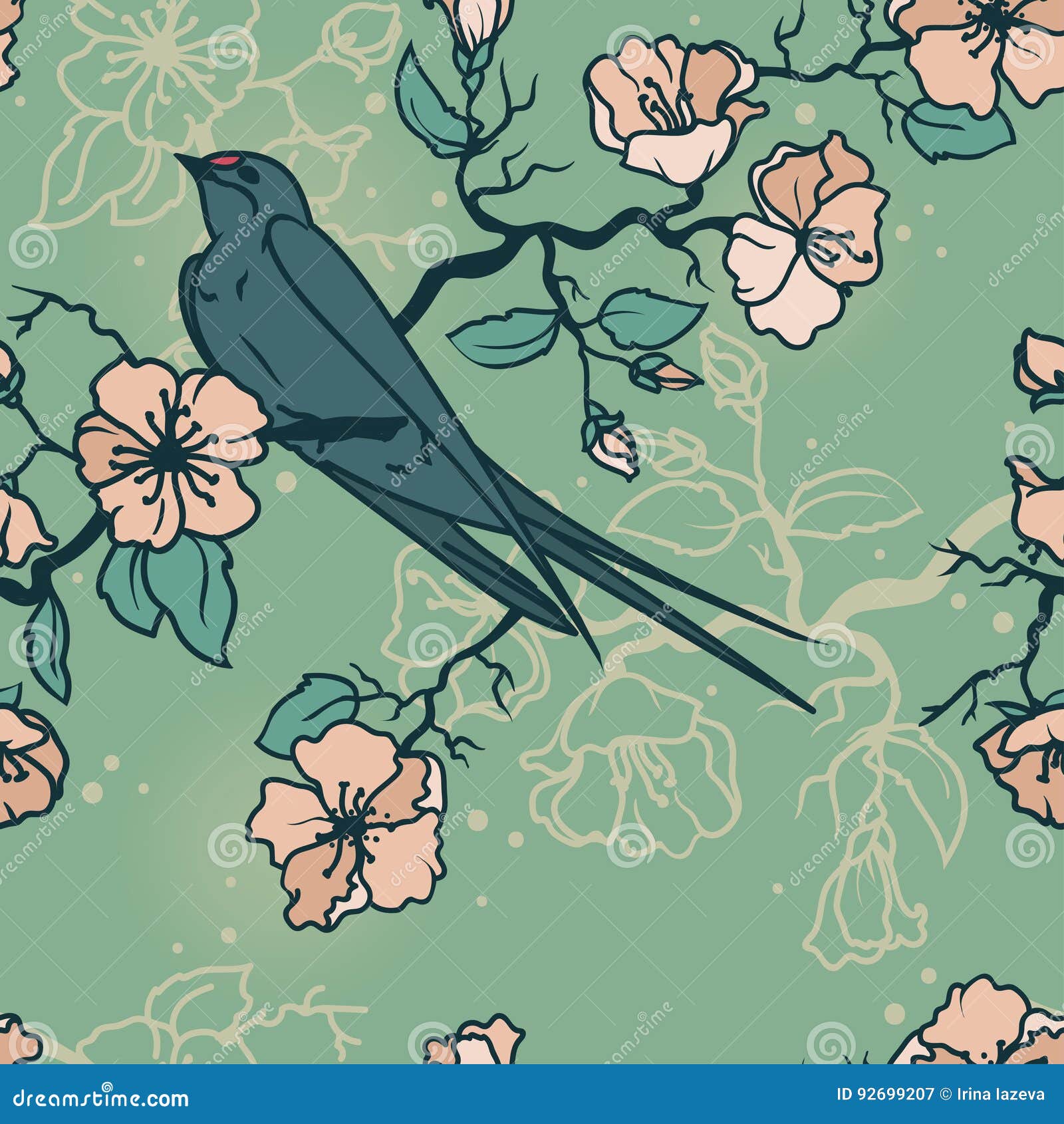 Seamless Pattern with Swallow Sitting on Blooming Tree Branches Stock ...