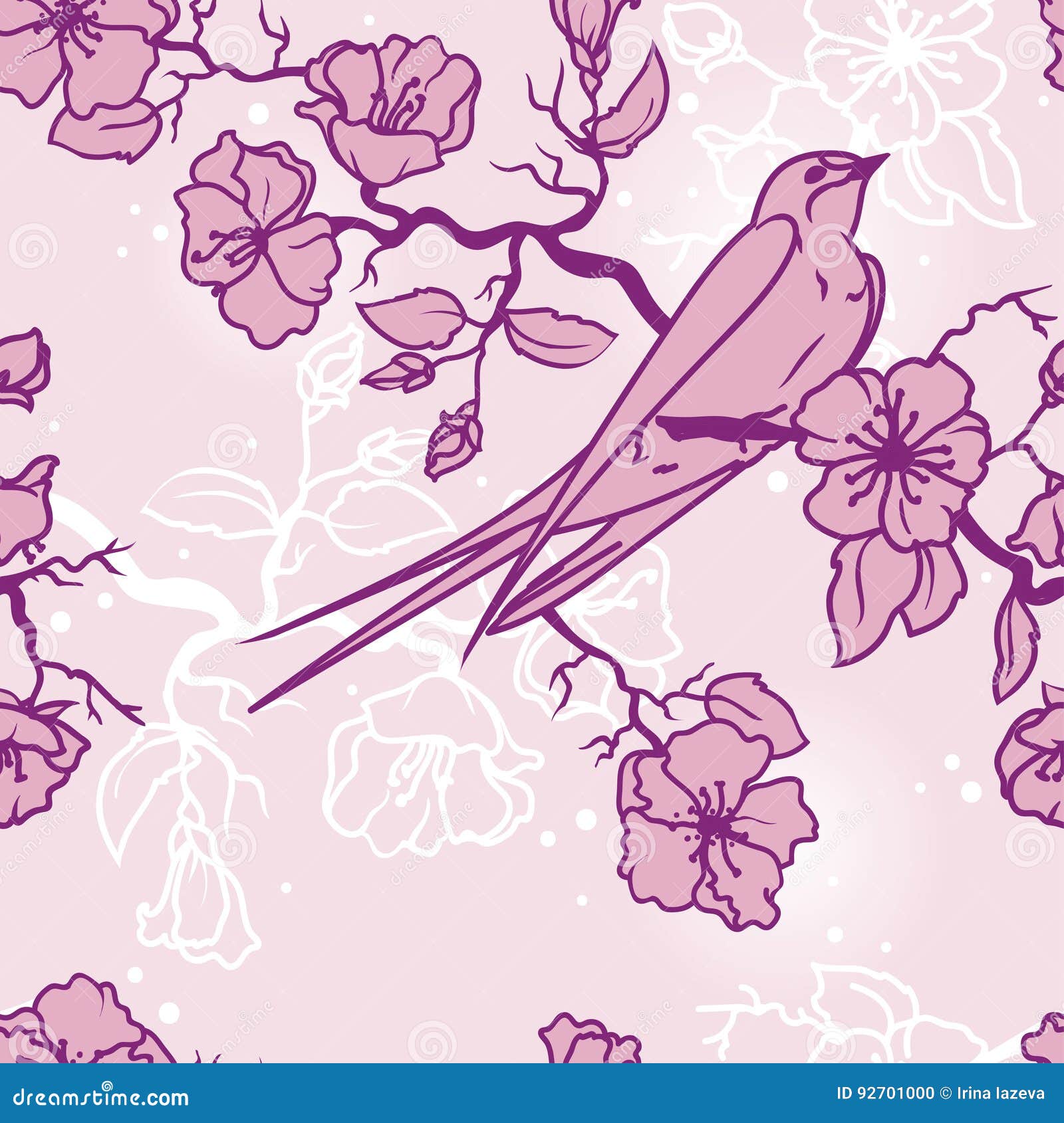 Seamless Pattern with Swallow Sitting on Blooming Tree Branches Stock ...