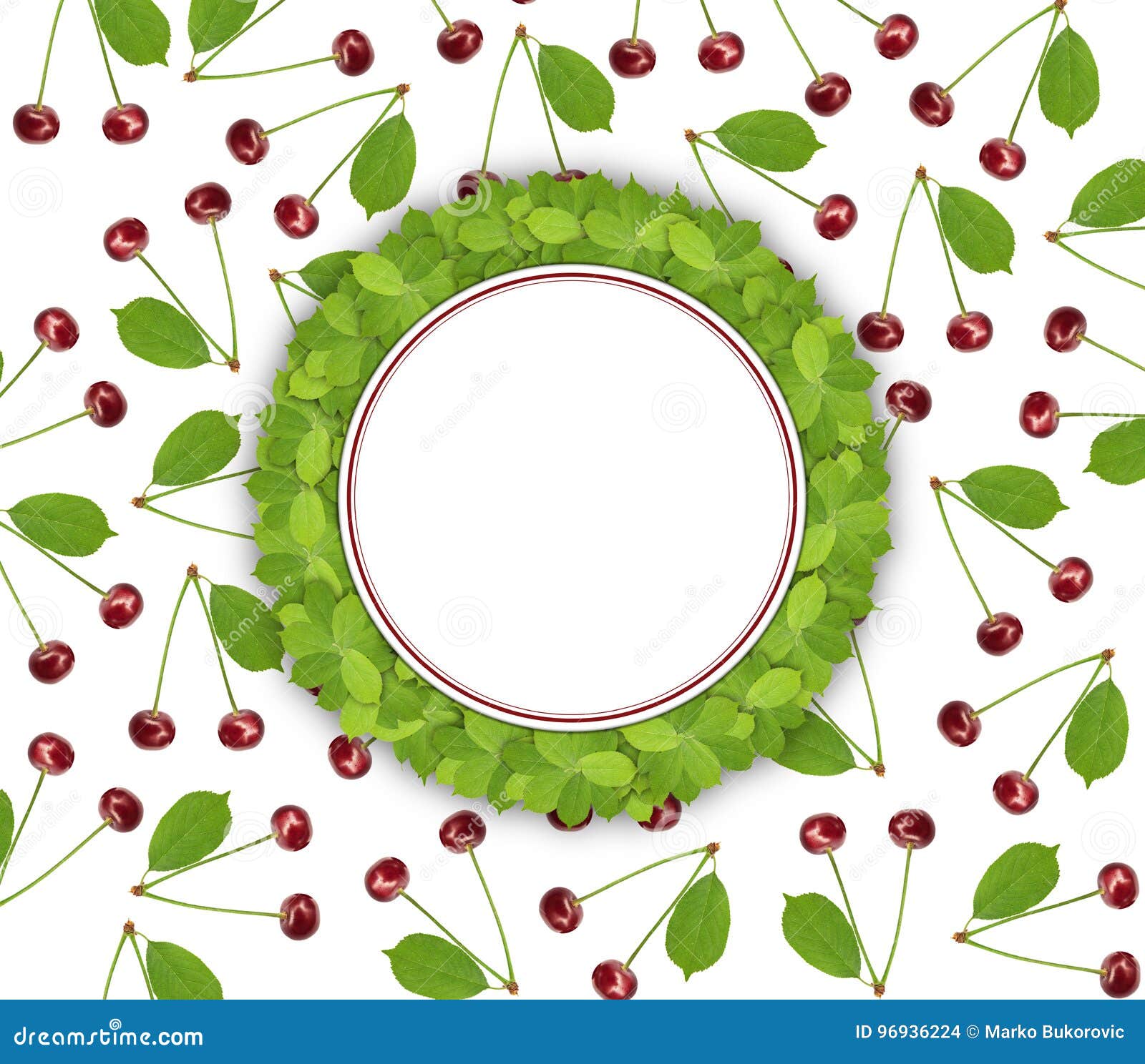 Seamless Pattern Sweet Fresh Cherry with Green Leaf and Circle Stock ...
