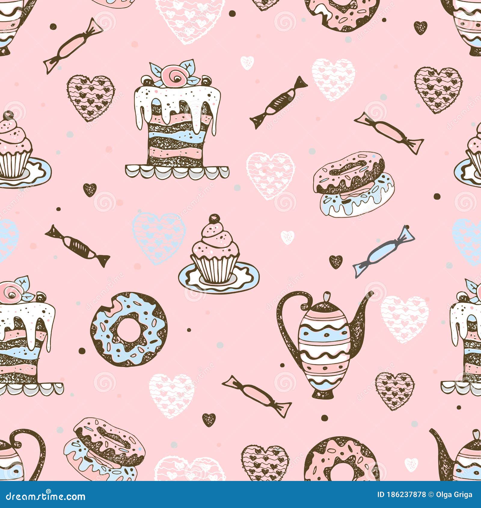 Seamless Pattern with Sweets, Cakes and Pastries. Vector Stock Vector ...