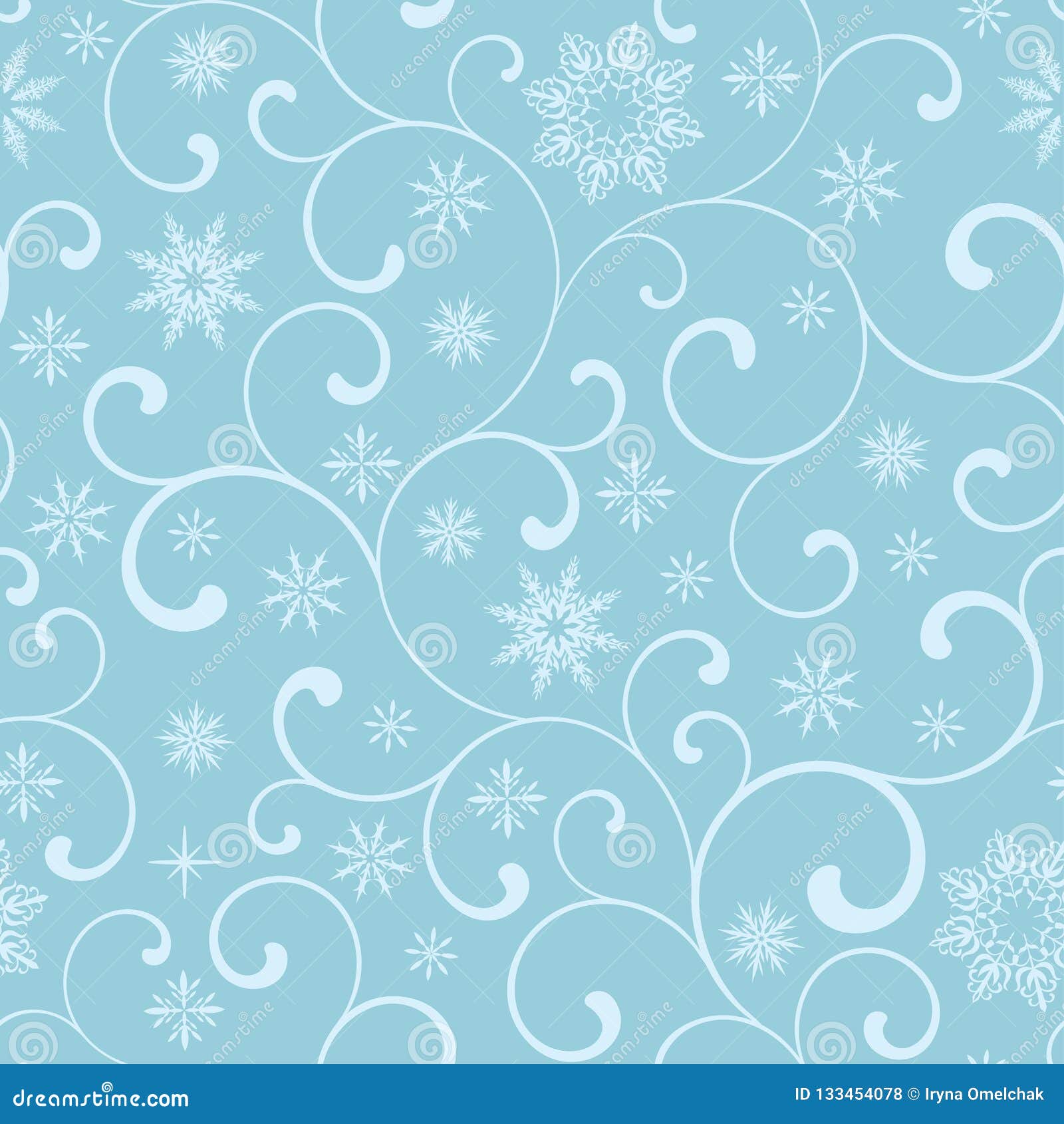 Seamless Pattern with Swirl and Snowflakes on a Blue Background Stock ...