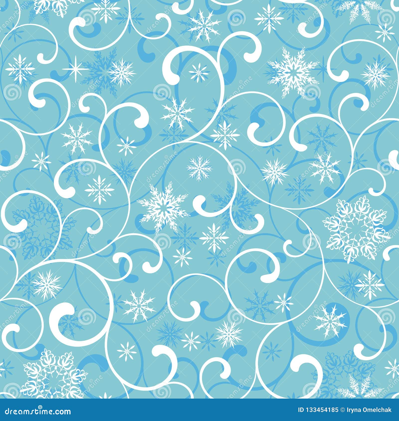 Seamless Pattern with Swirl and Snowflakes on a Blue Background Stock ...