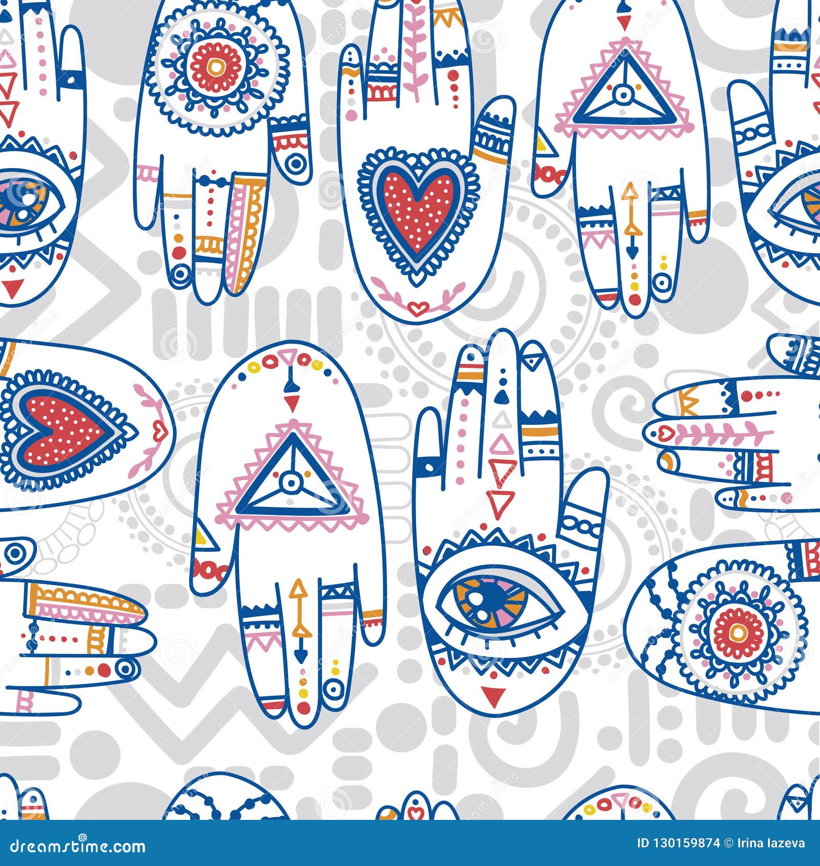 Seamless Pattern with Tattooed Hands and Ethnic or Esoteric Symbols ...