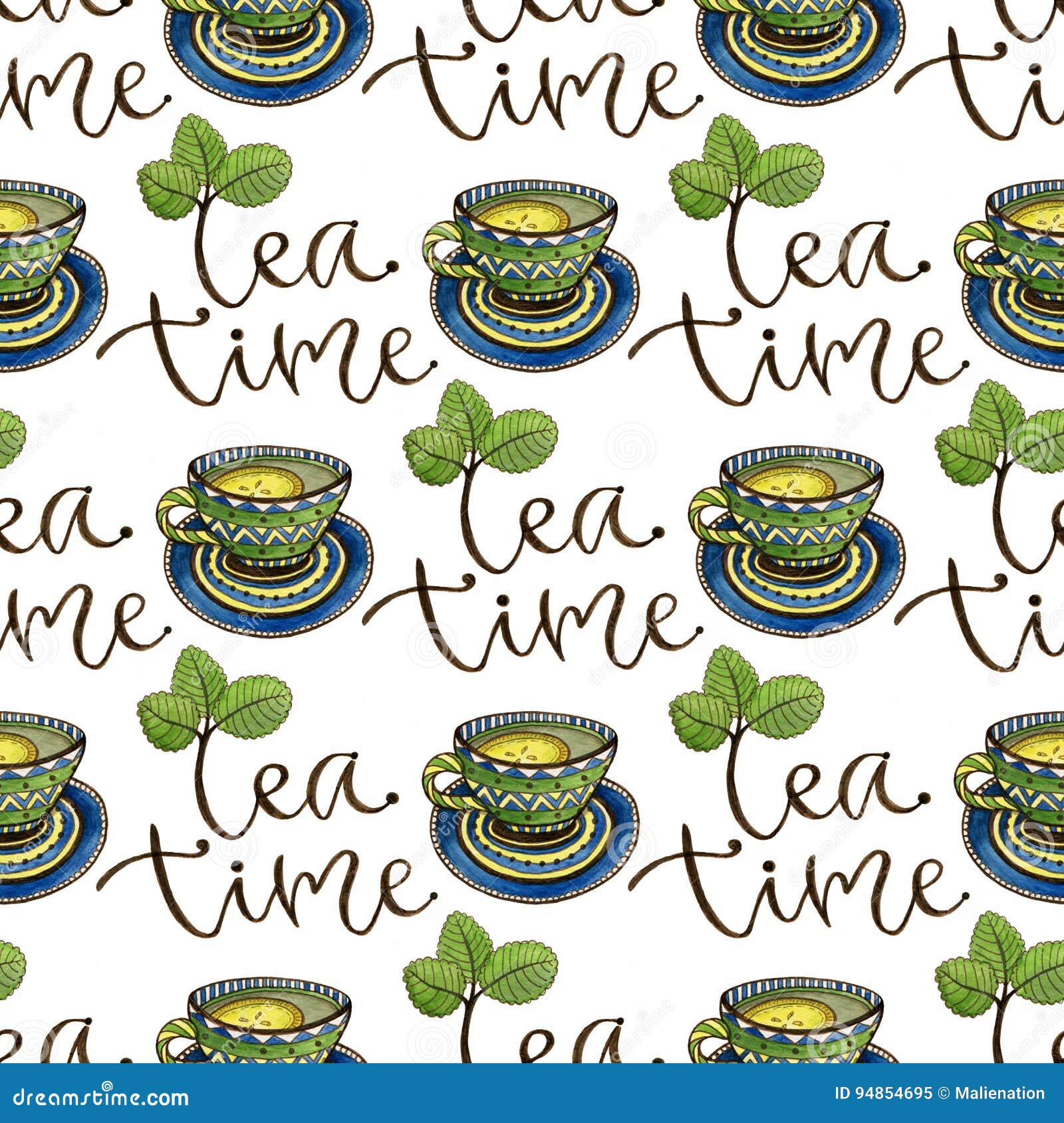 Seamless Pattern with Tea Cups and Calligraphy Decoration. Watercolor ...