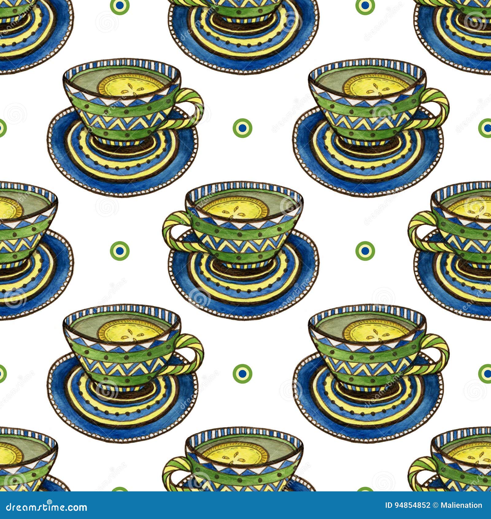 Seamless Pattern with Tea Cups and Calligraphy Decoration. Watercolor ...