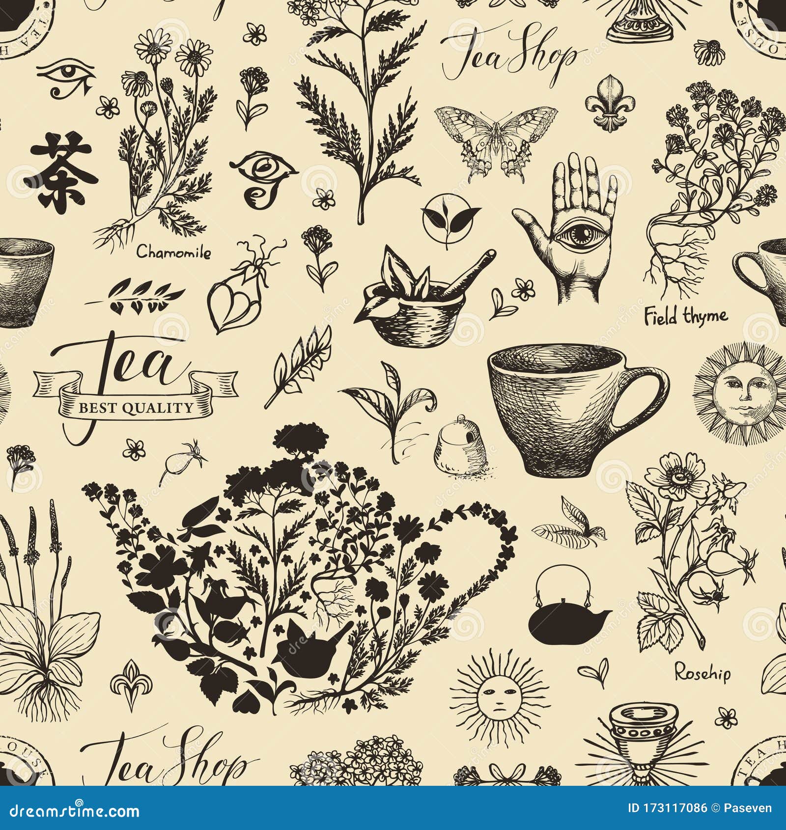 Seamless Pattern on the Tea Theme with Pencil Drawings Stock Vector ...