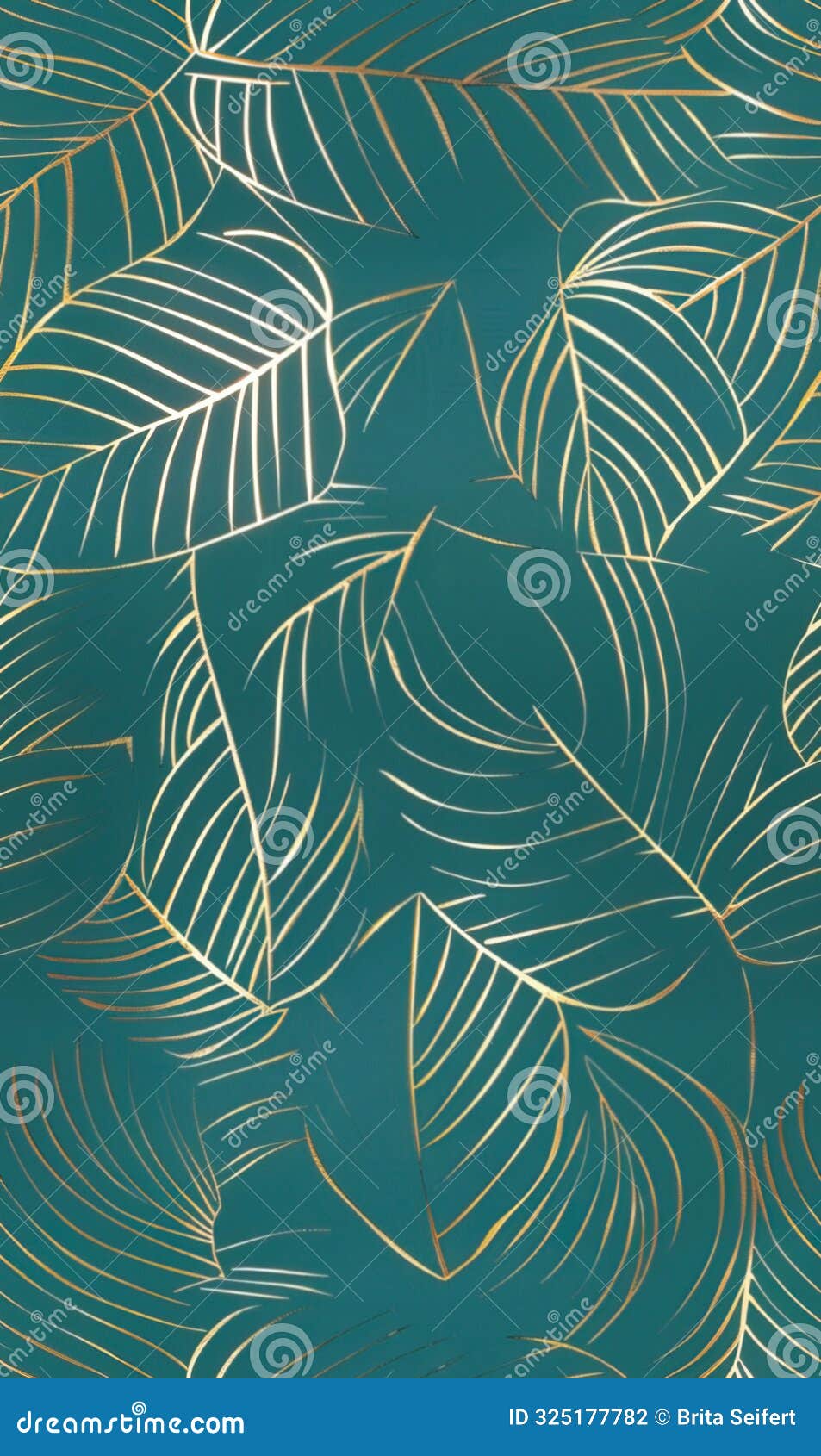 Seamless Pattern: a Teal and Gold Leaf Pattern Wallpaper, with Each ...