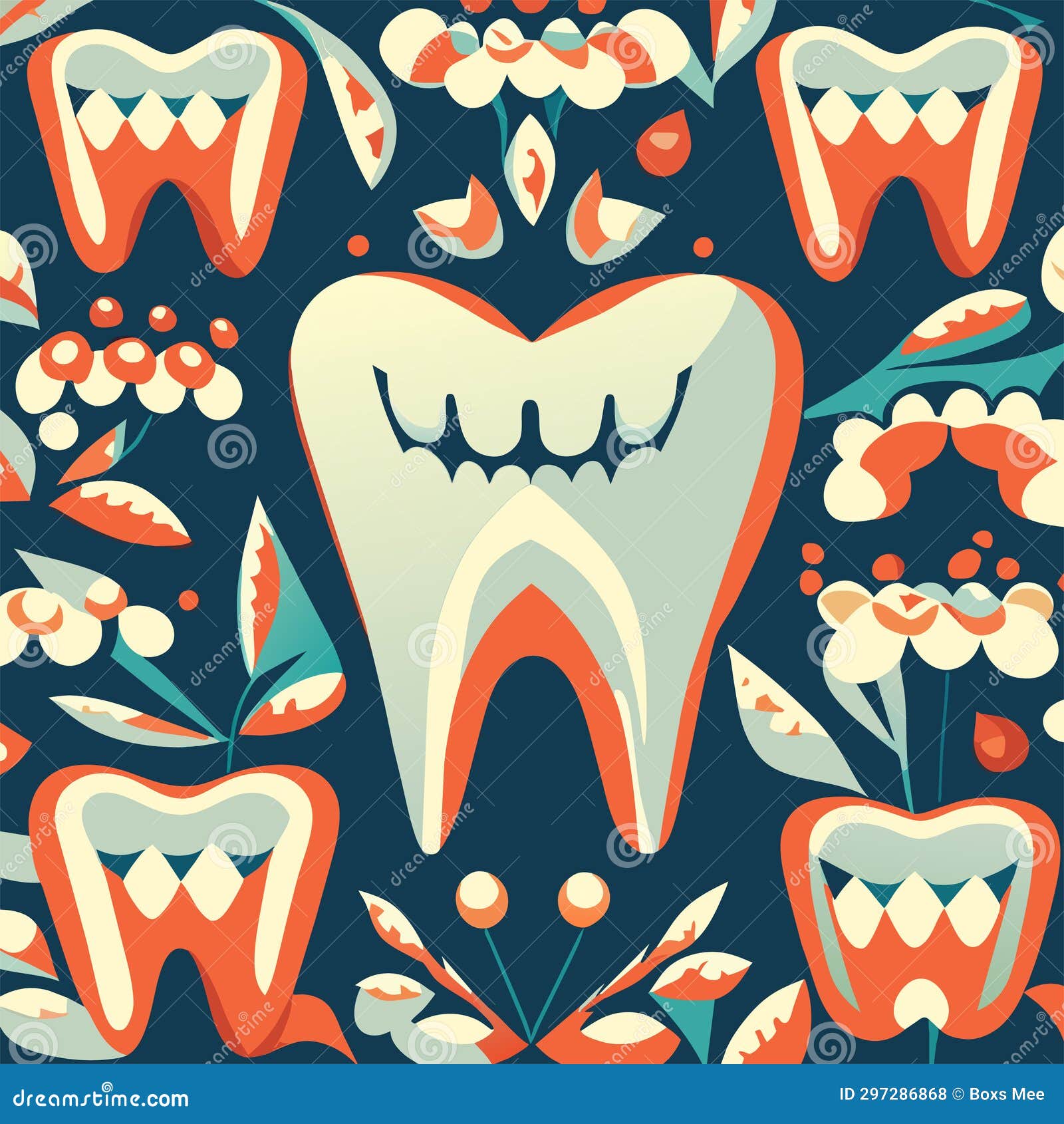 Seamless Pattern with Teeth and Flowers. Vector Illustration in Cartoon ...