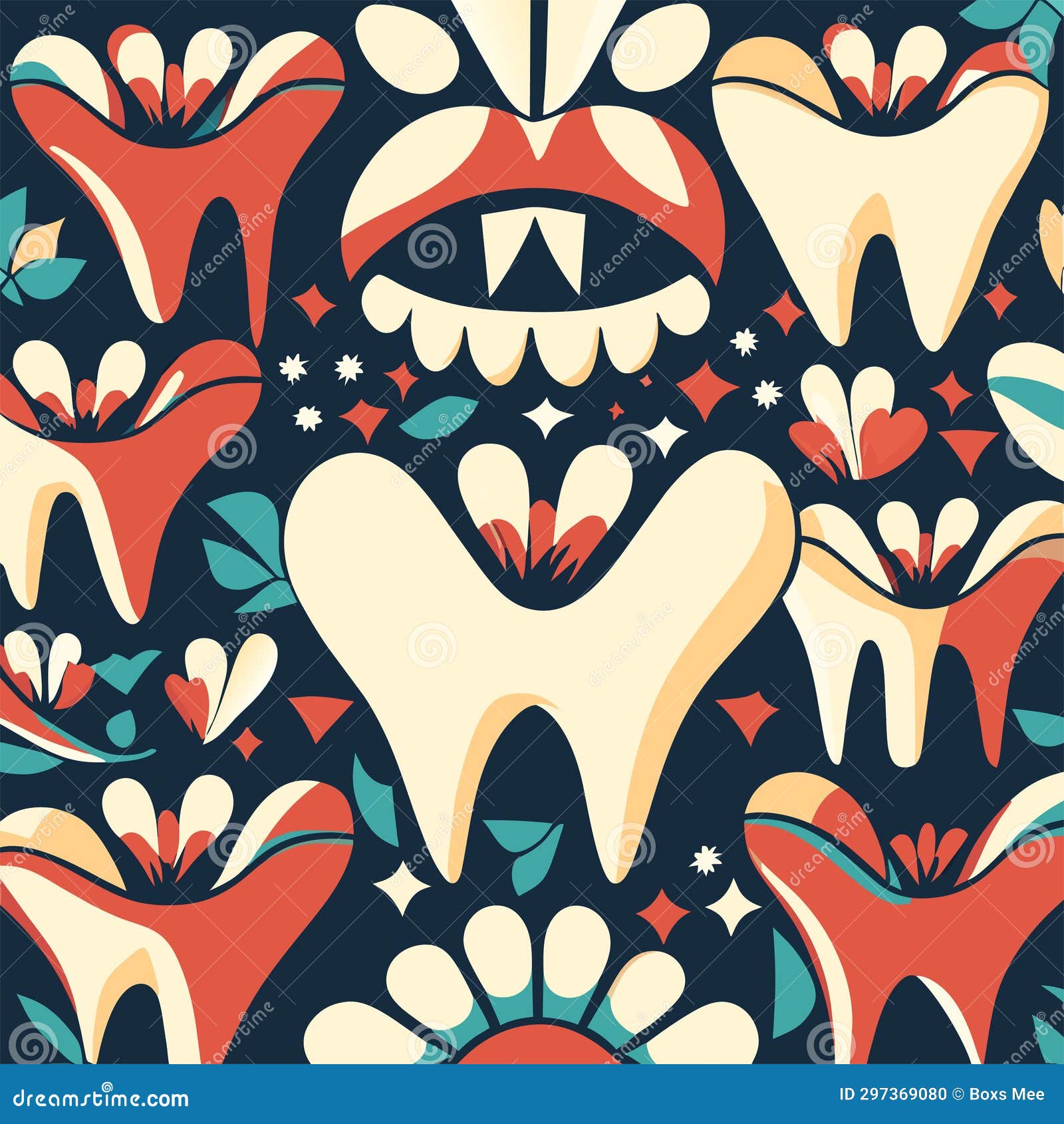 Seamless Pattern with Teeth and Flowers. Vector Illustration in Retro ...