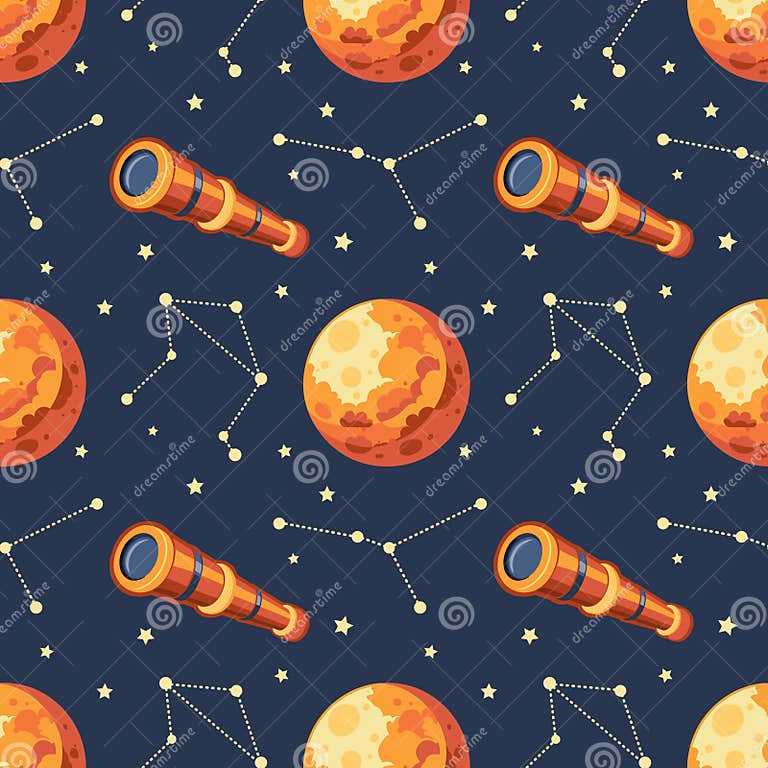 Seamless Pattern, Telescope, Planet and Solar Eclipse Moon. Background ...