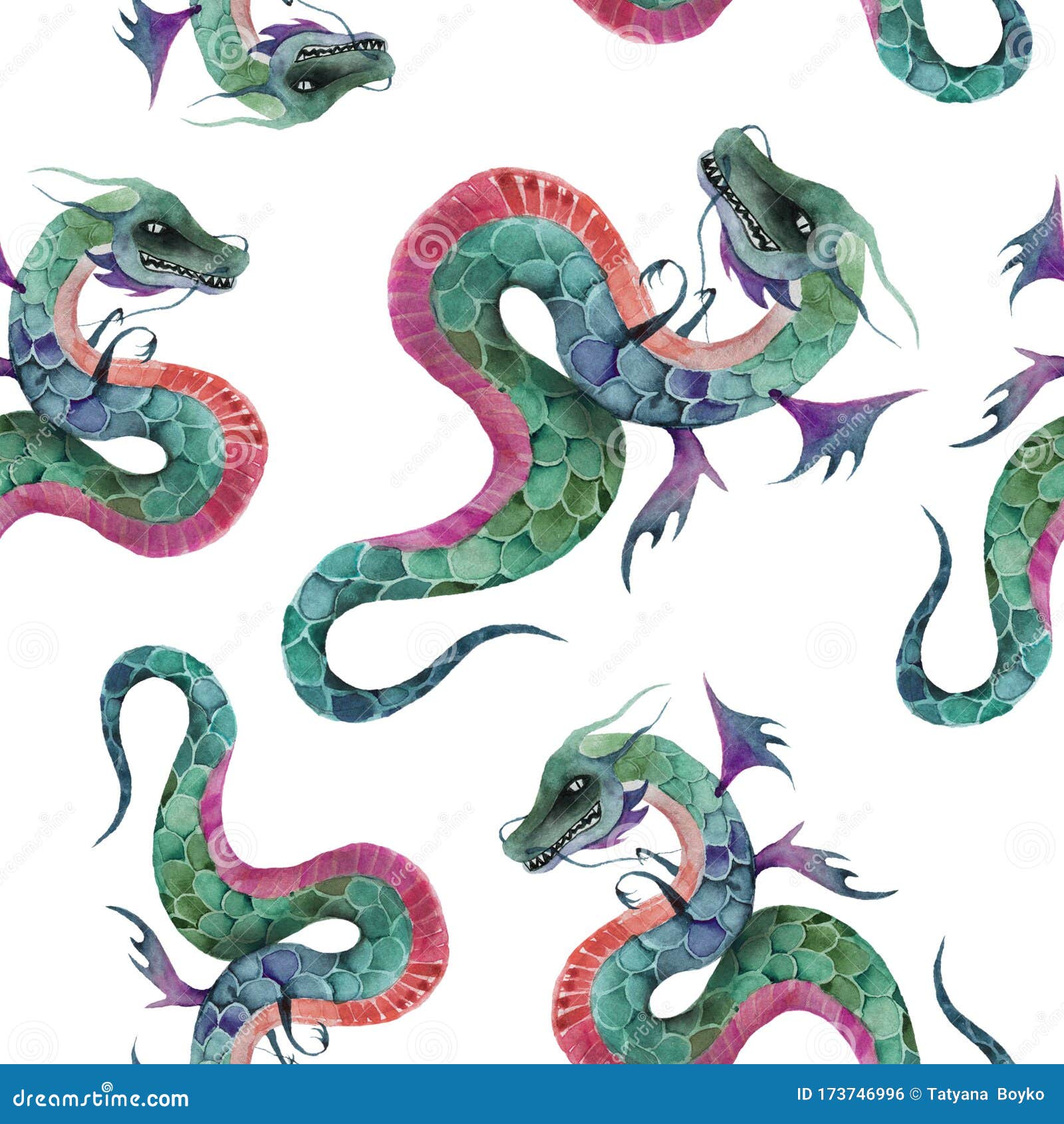 Seamless Pattern for Textile and Decoration Watercolor Green Dragons ...