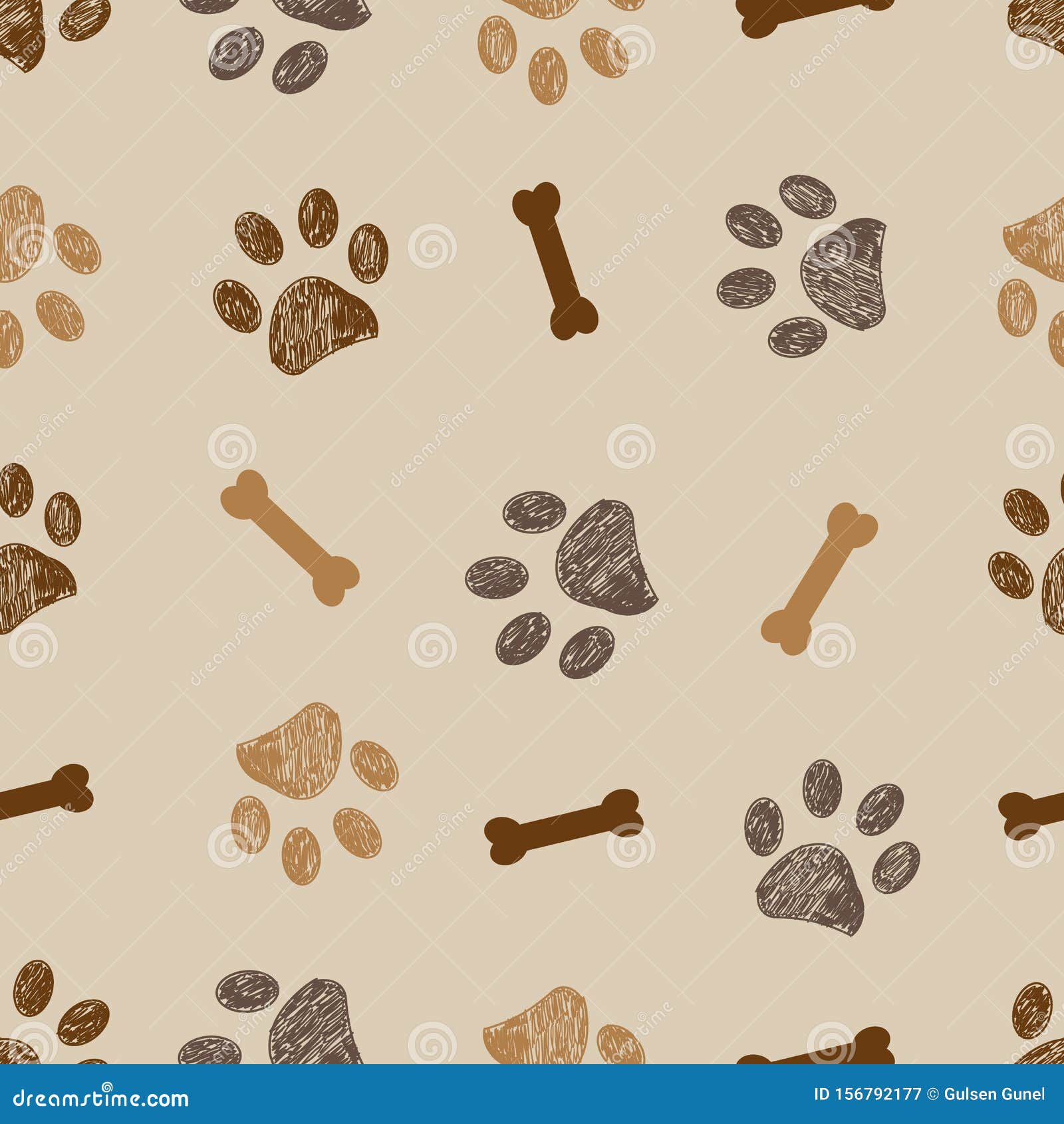 Seamless Pattern For Textile Design. Brown Doodle Paw Print And Bones ... Seamless Pattern For Textile Design. Brown Doodle Paw Print And Bones ...