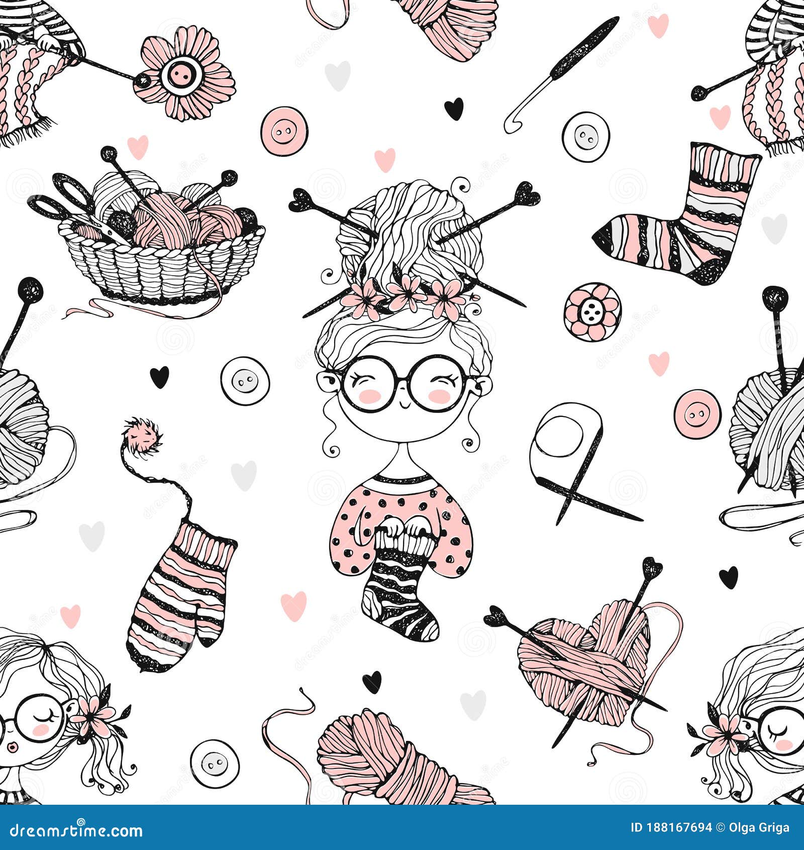 Seamless Pattern on the Theme of Knitting with Cute Knitter Girls in ...