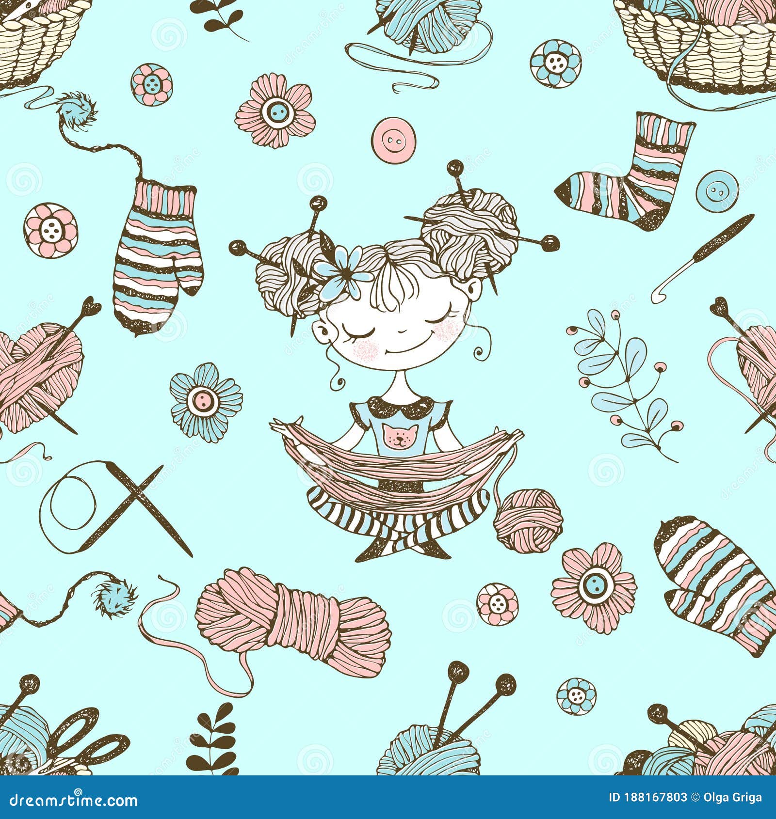 Seamless Pattern on the Theme of Knitting with Cute Knitter Girls in ...