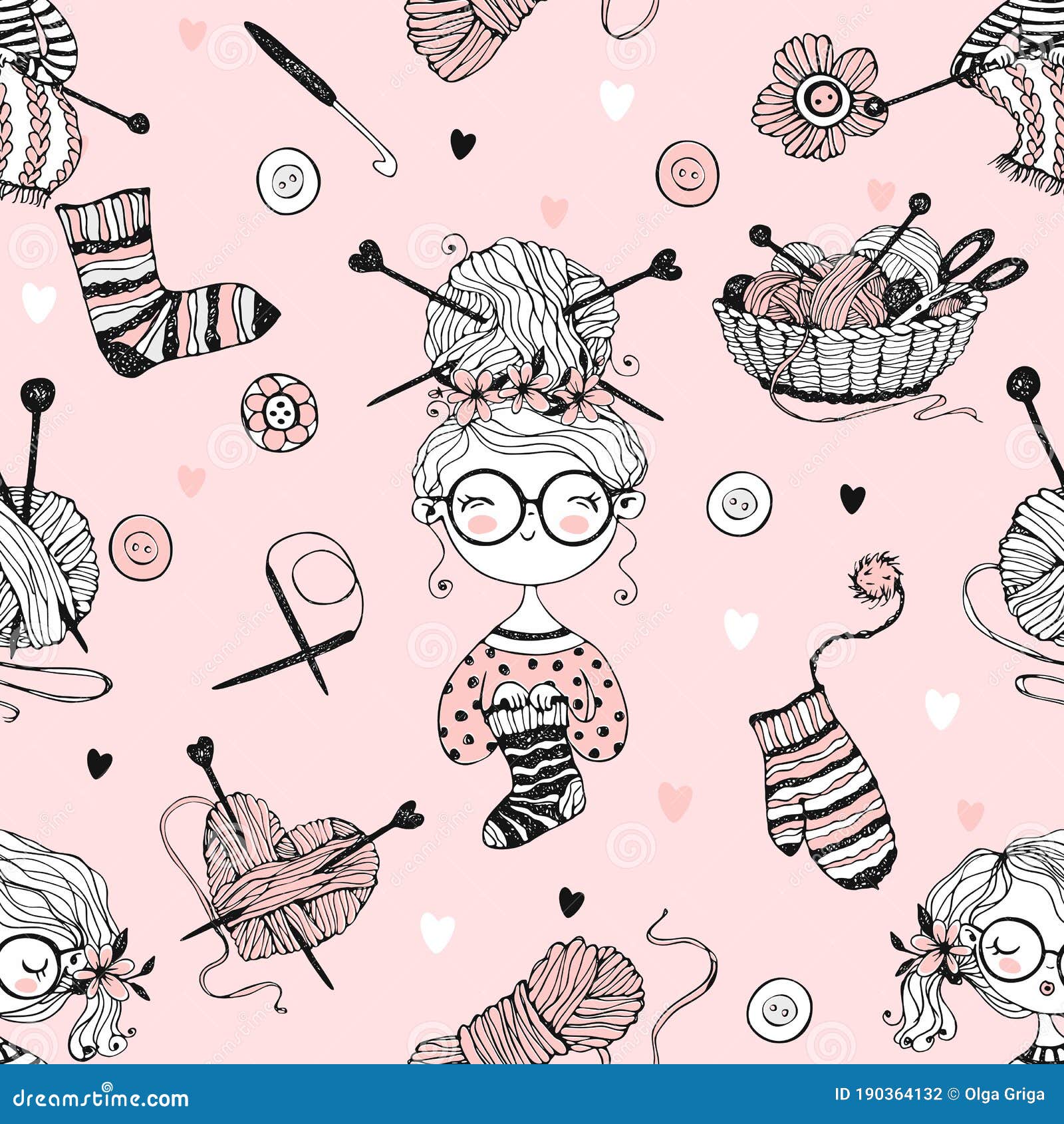 Seamless Pattern on the Theme of Knitting with Cute Knitter Girls in ...
