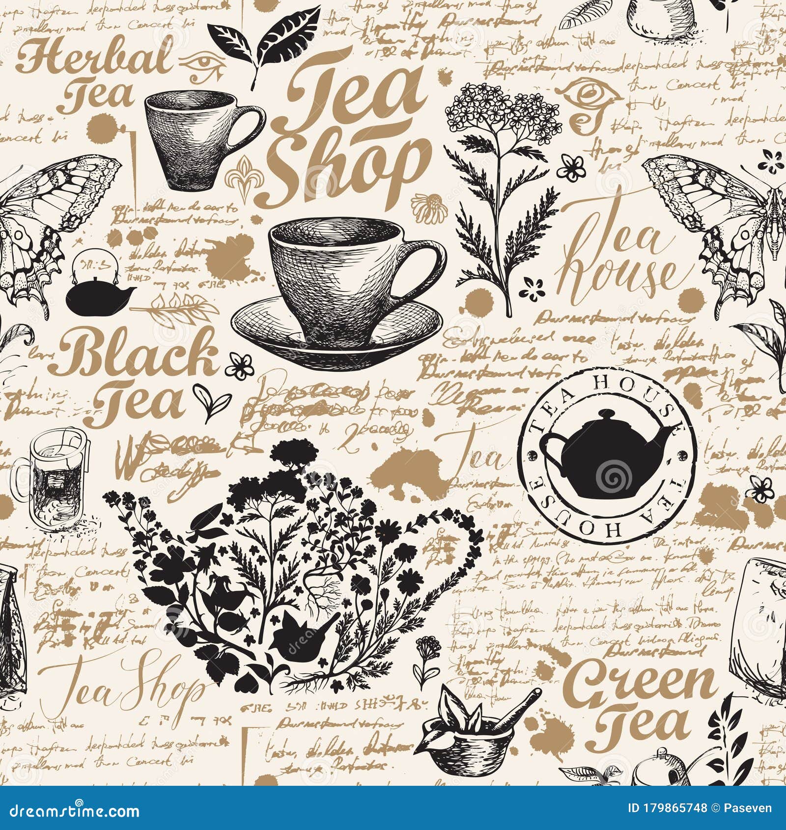 Seamless Pattern on the Theme of Tea and Tea Shop Stock Vector ...