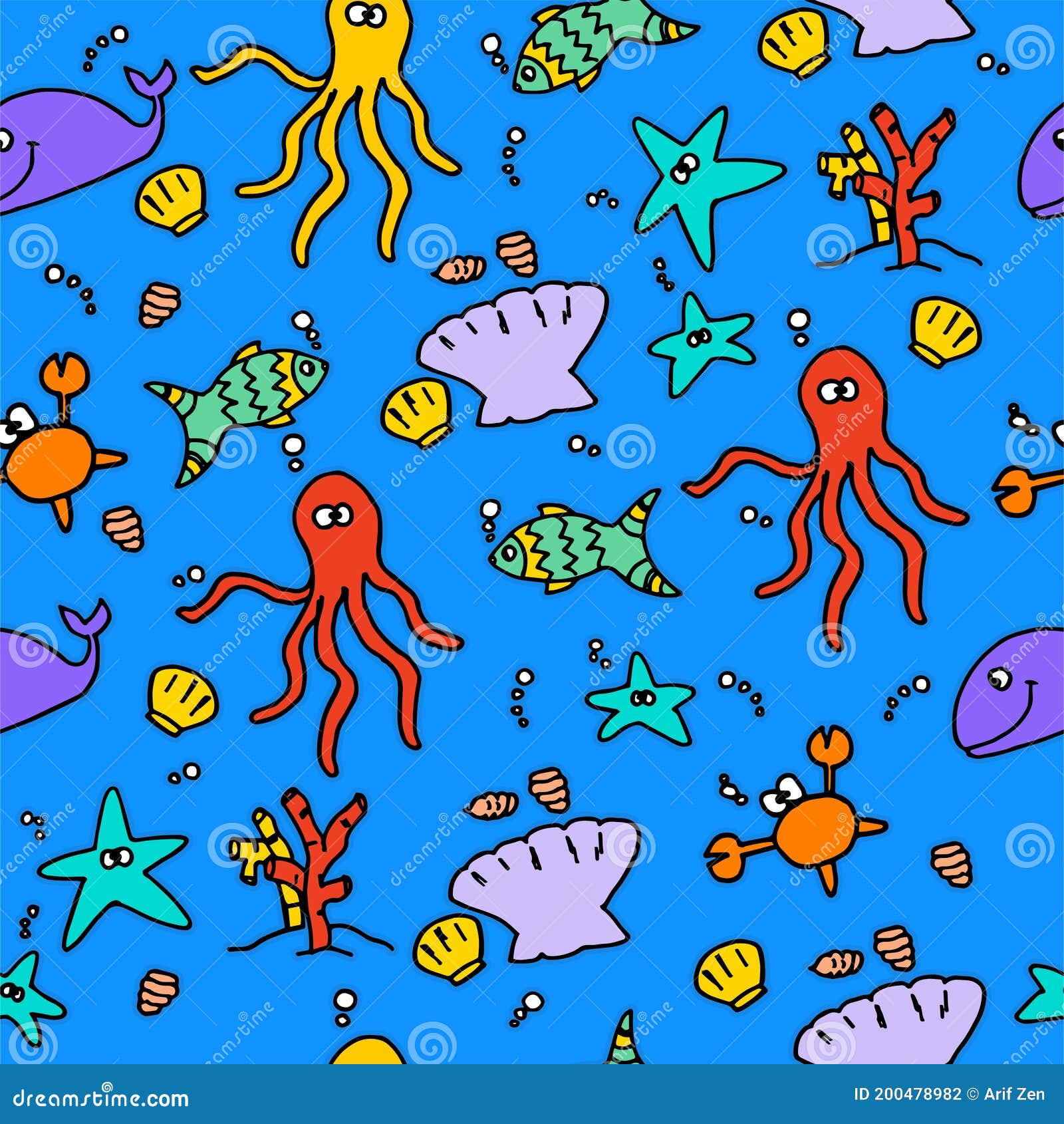 Seamless Pattern with Thin Black Outline Marine Life Isolated on Blue ...