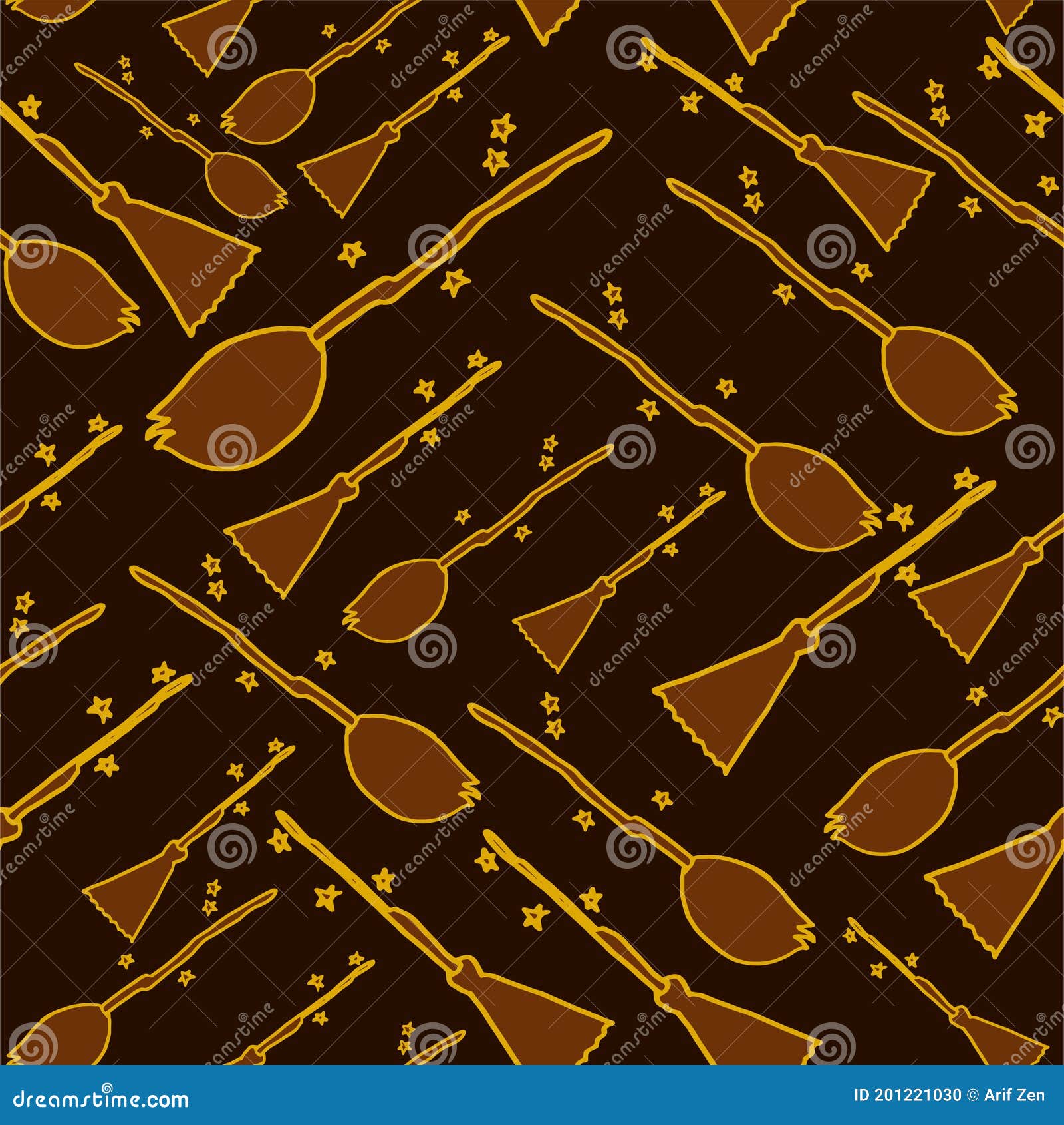 Seamless Pattern with Thin Yellow Outline Magic Broom with Stars ...