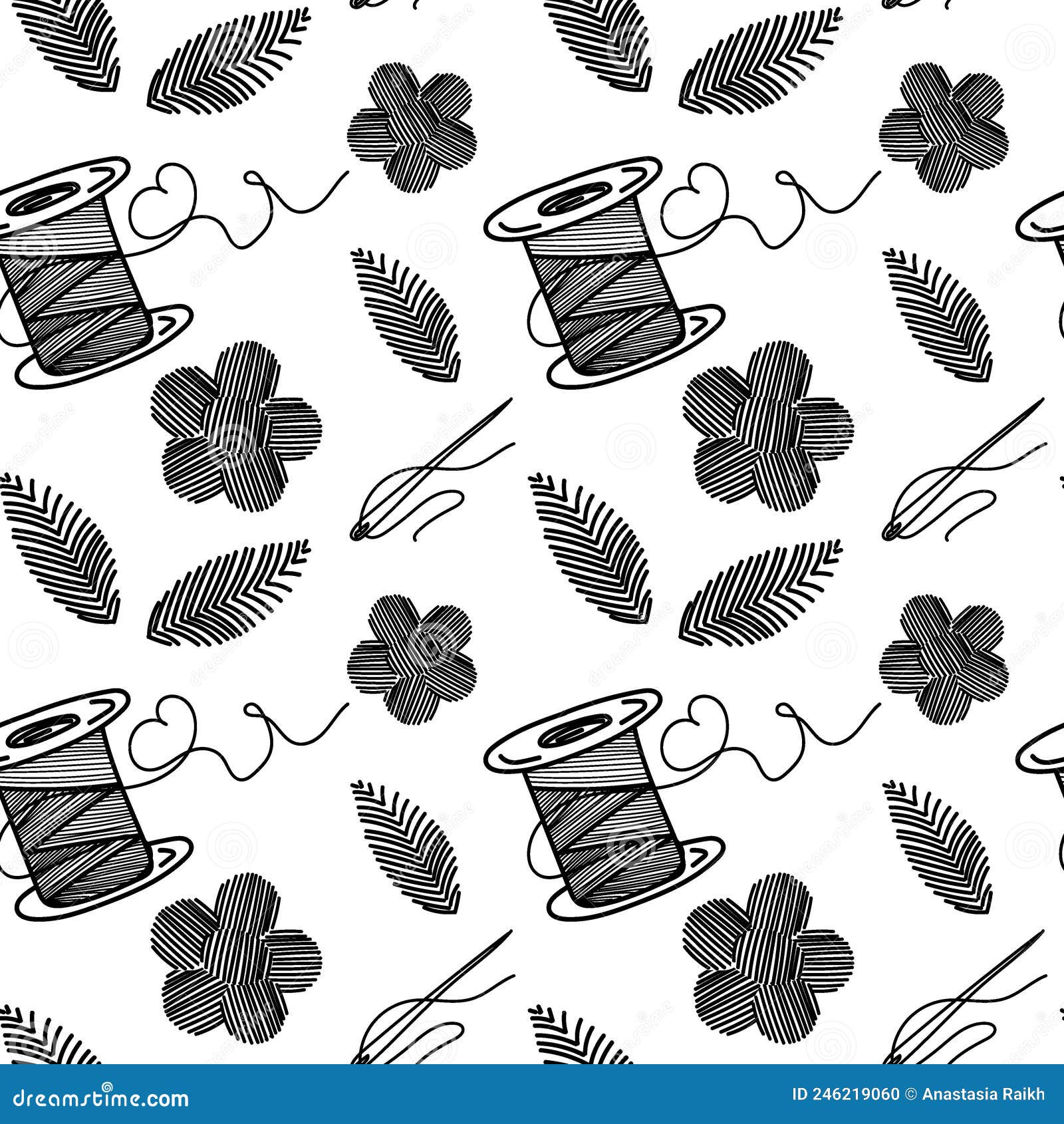 Seamless Pattern of Thread, Needles, and Embroidery, Hand-drawn Doodle ...