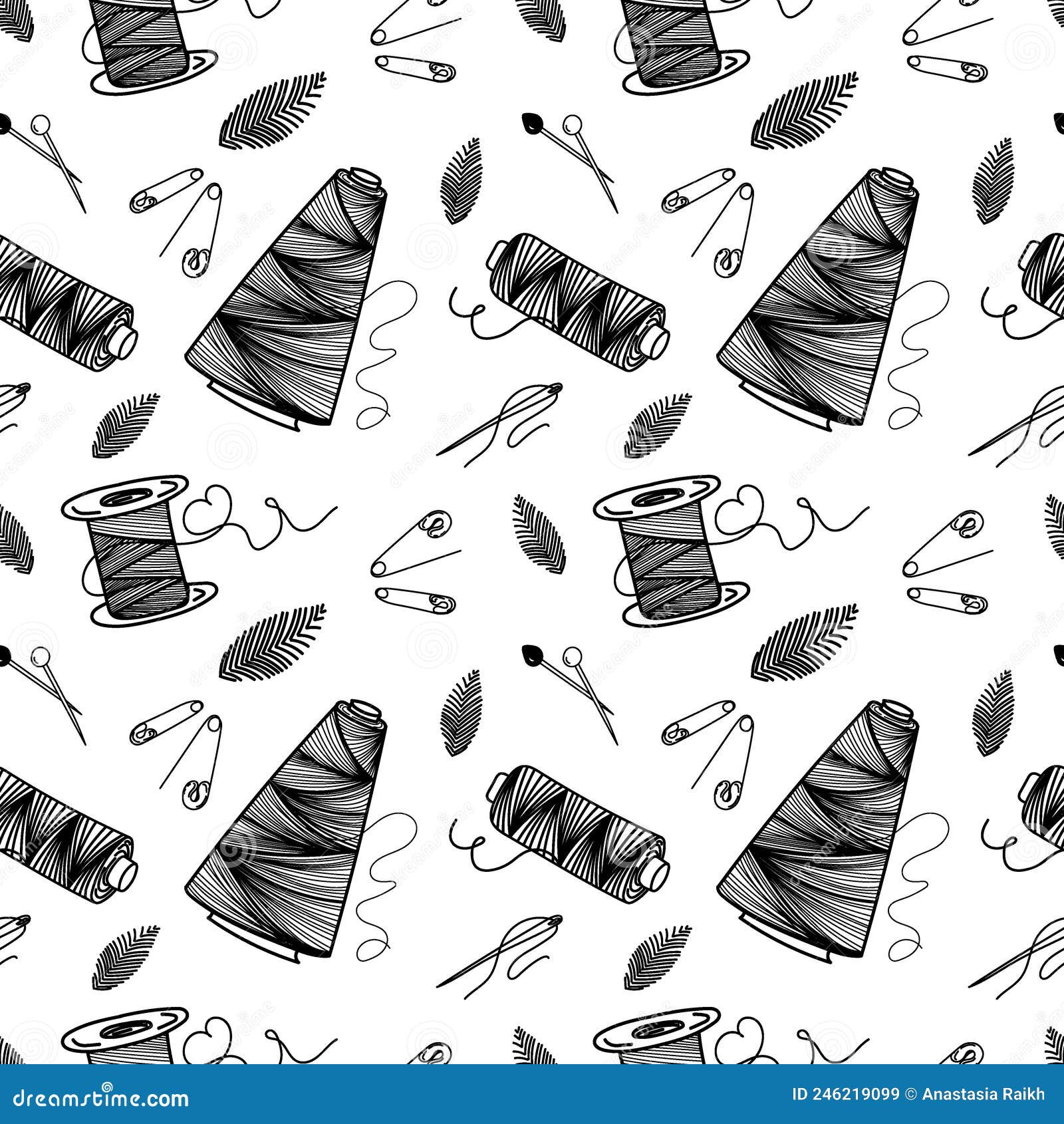 Seamless Pattern of Thread, Needles and Pins, Hand-drawn Doodle ...