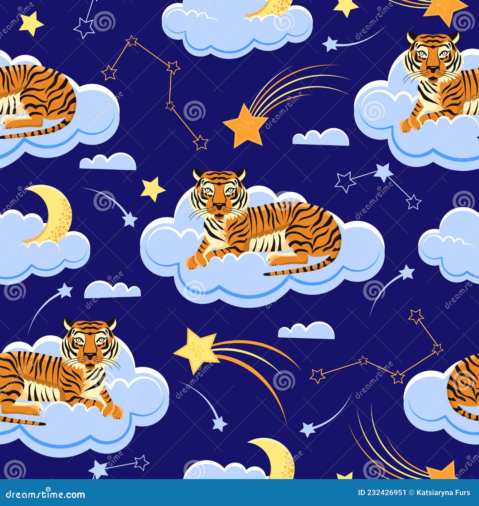 Seamless Pattern Tiger Resting on a Cloud, Night Sky with Stars, Comets ...