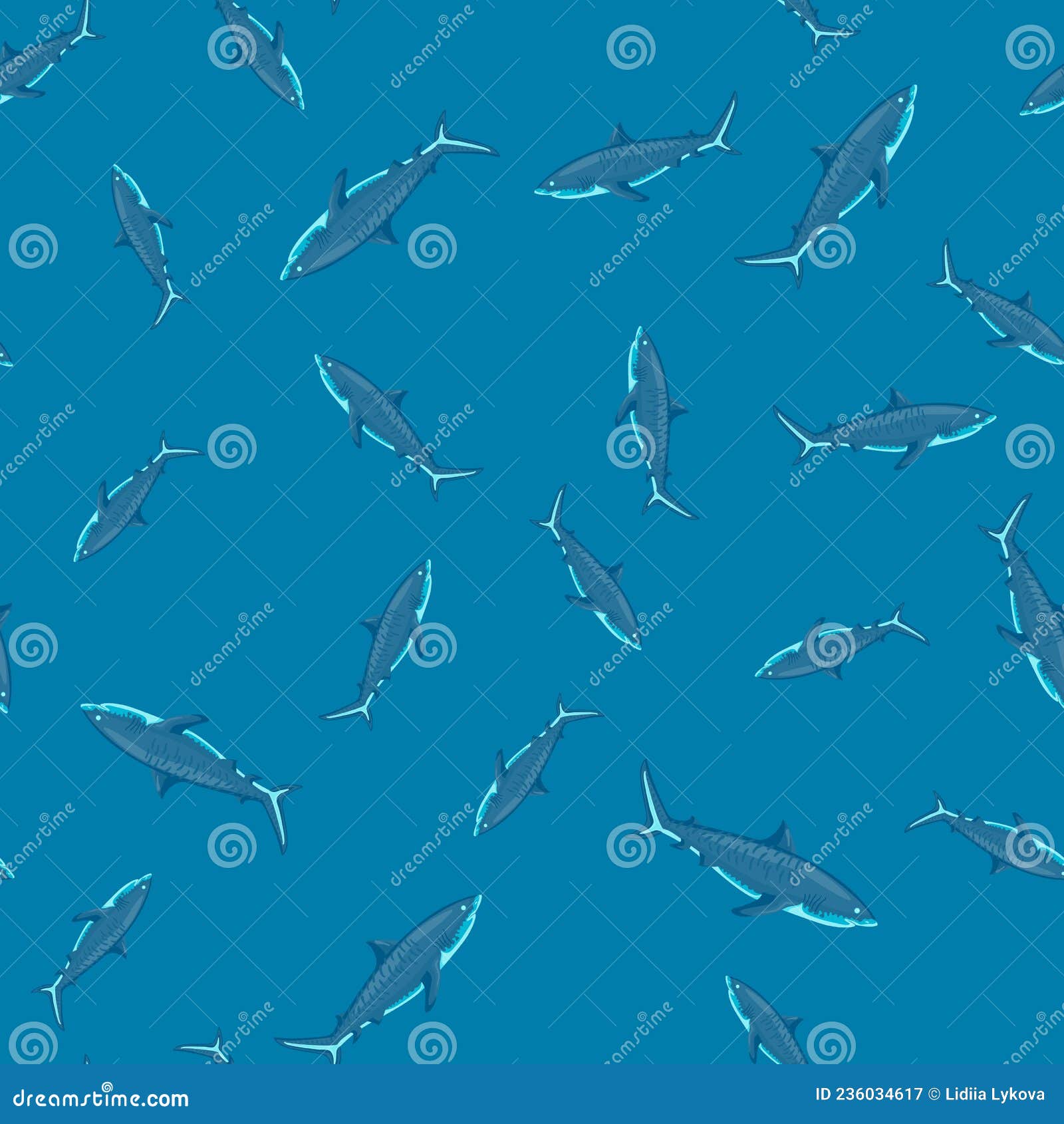 Seamless Pattern Tiger Shark Blue Background. Texture of Marine Fish ...