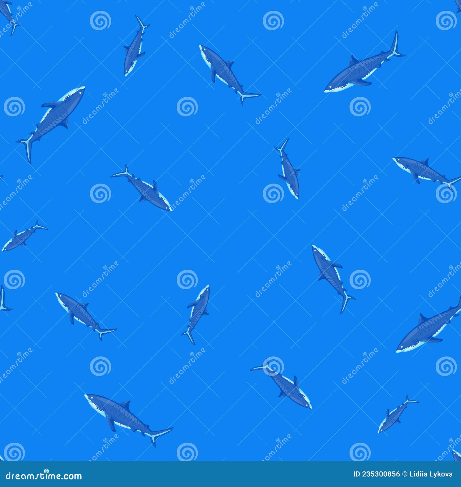 Seamless Pattern Tiger Shark Bright Blue Background. Blue Texture of ...
