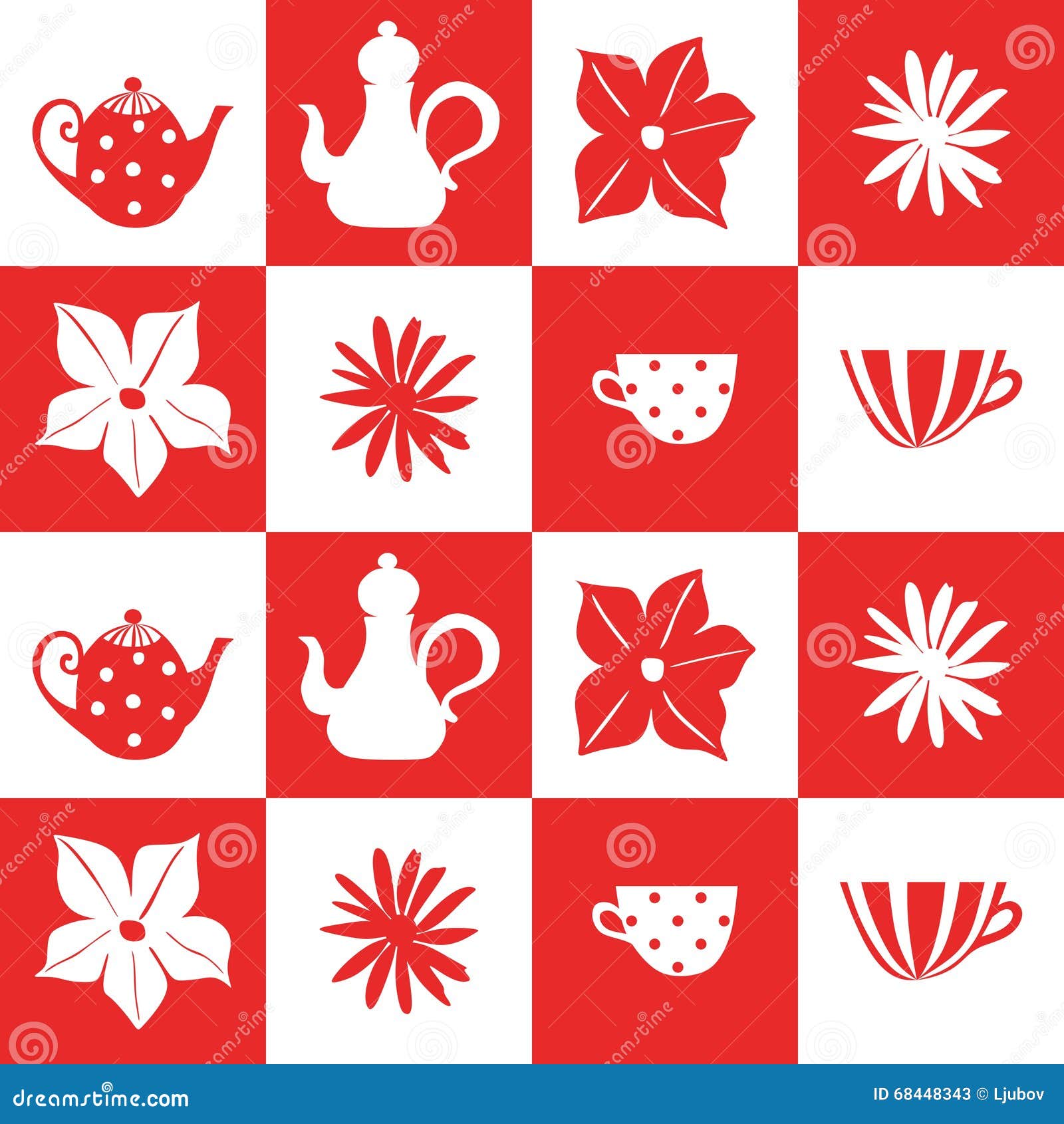 Seamless Pattern of Tiles with Teapots, Cups and Flowers. Stock Vector ...