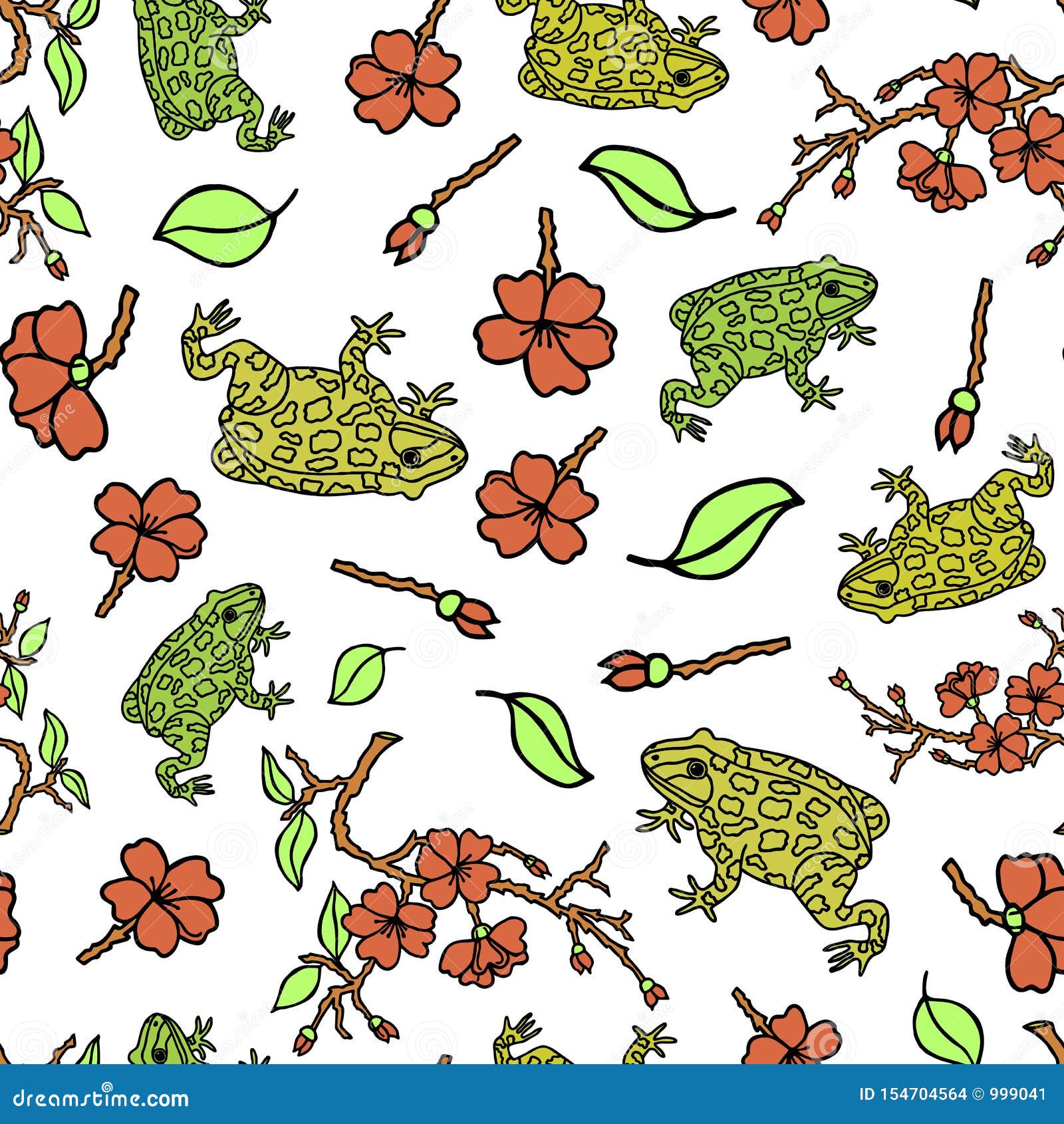 Seamless Pattern of Toads and Flowers, Branches, Leaves of the Apple ...