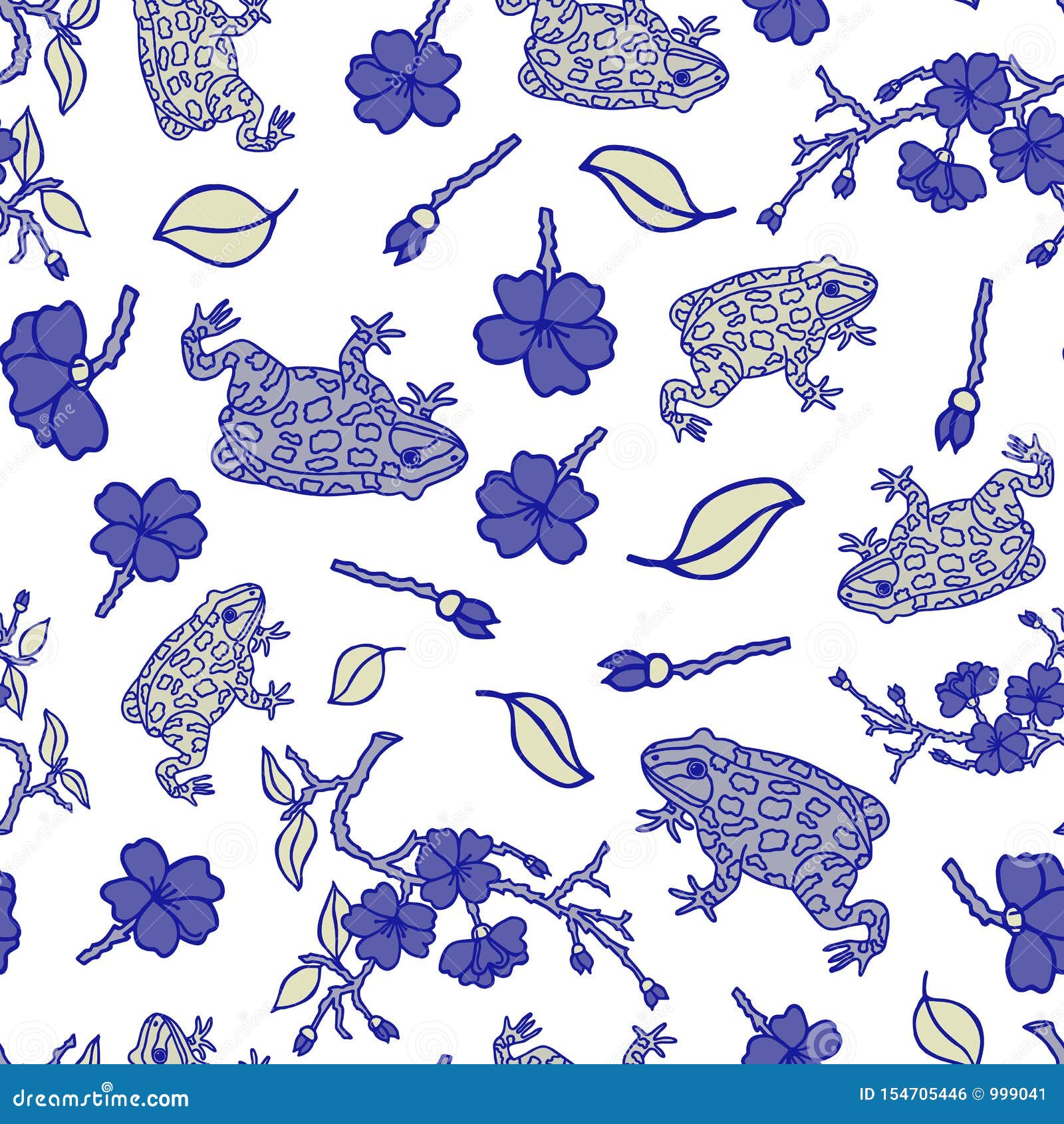 Seamless Pattern of Toads and Flowers, Branches, Leaves of the Apple ...