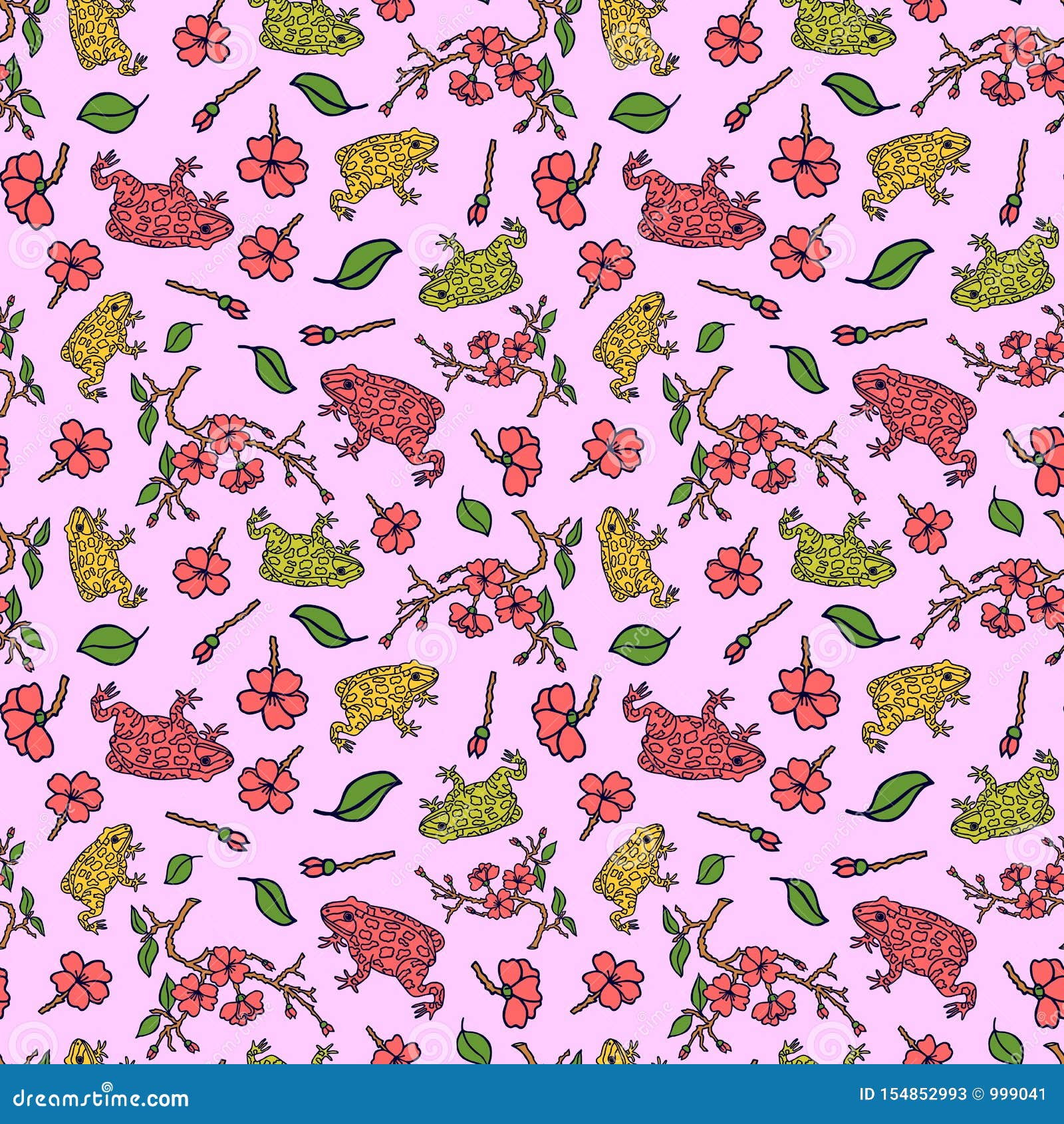 Seamless Pattern of Toads and Flowers, Branches, Leaves of the Apple ...