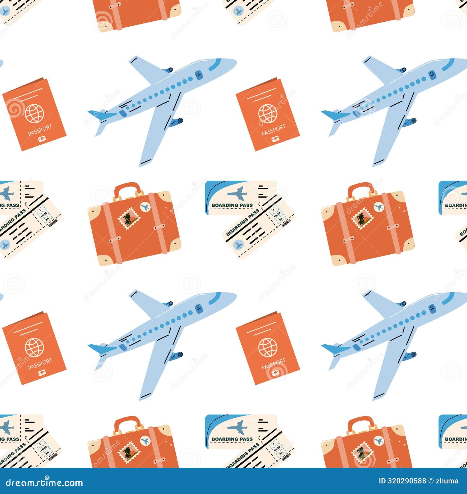 Seamless Pattern with Touristic Items Luggage, Tickets and Plane Stock ...