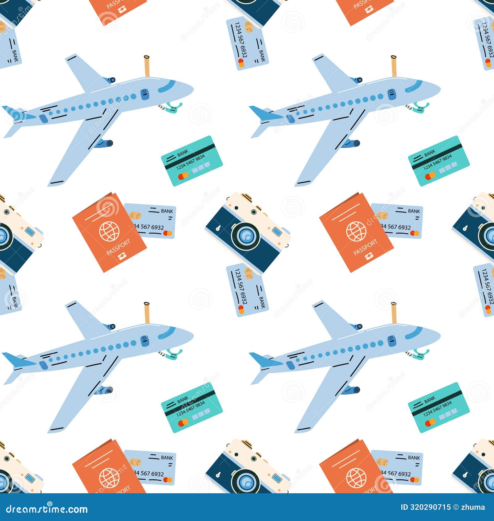 Seamless Pattern with Touristic Items Luggage, Tickets and Plane Stock ...