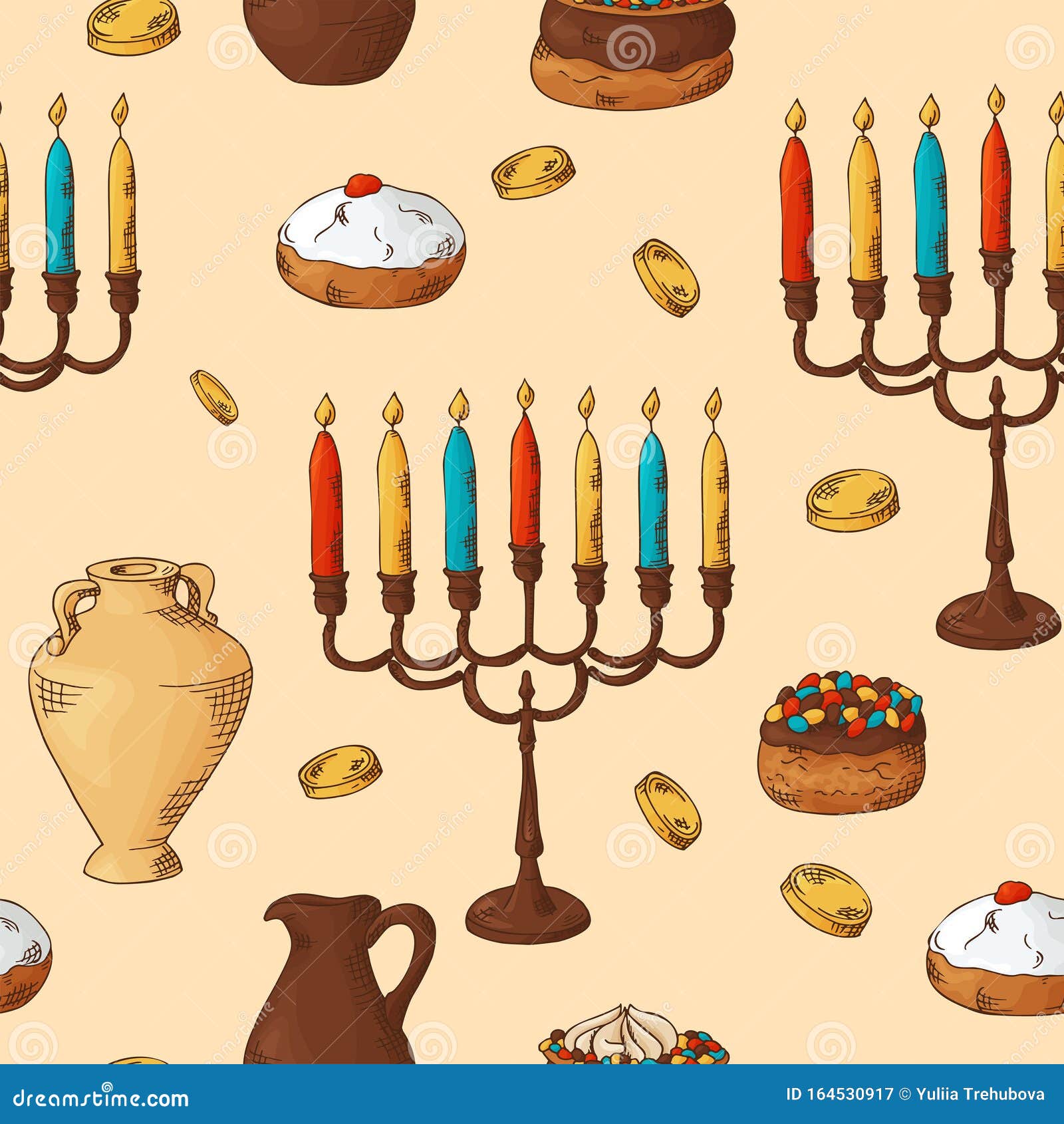 Seamless Pattern with Traditional Hand Drawn Elements. Happy Hanukkah ...