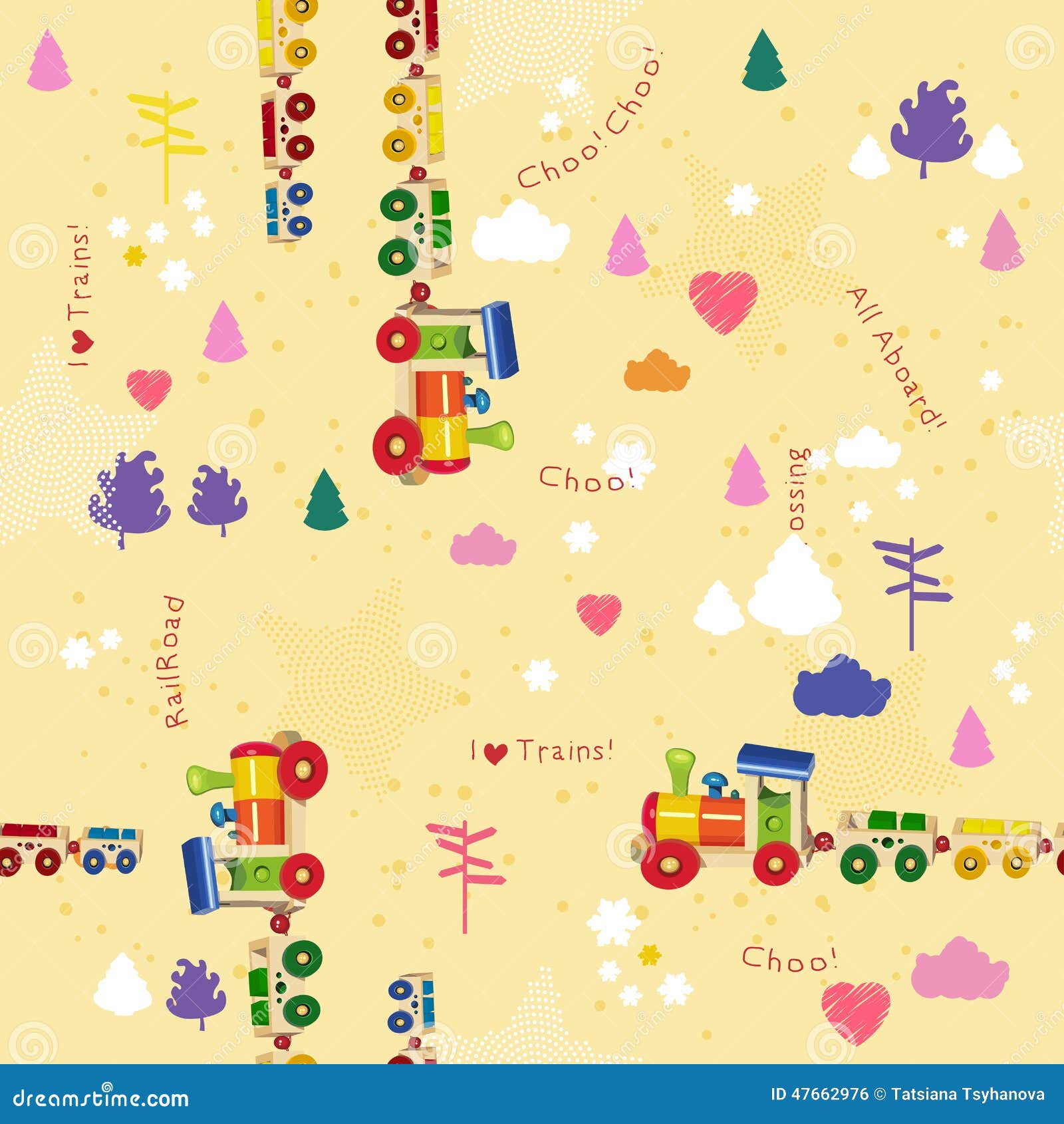 Seamless Pattern With Trains And Railroad. Design For Kids. Vector ...