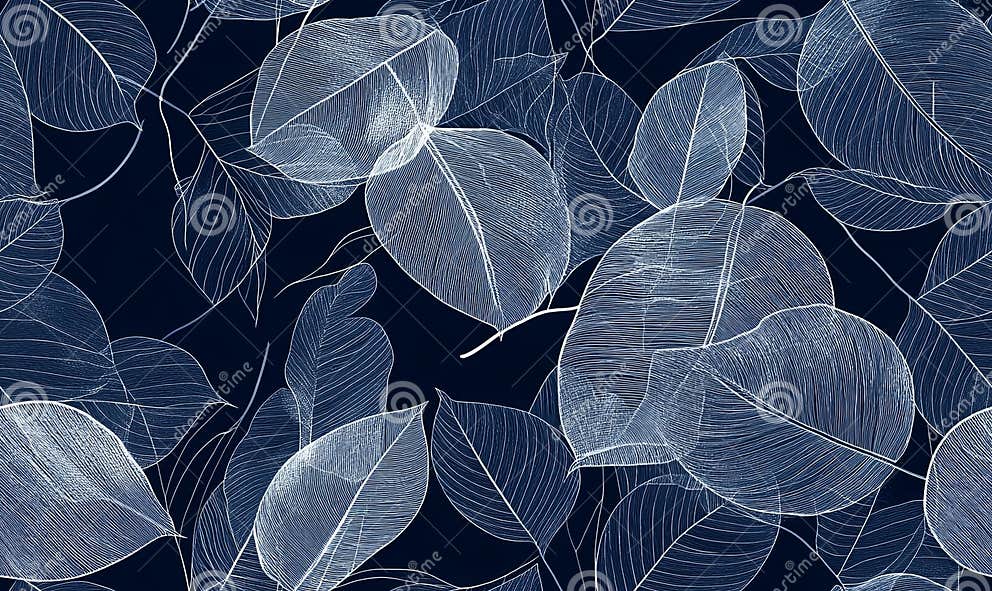 Seamless Pattern of Translucent Blue Leaves on Dark Background Stock ...