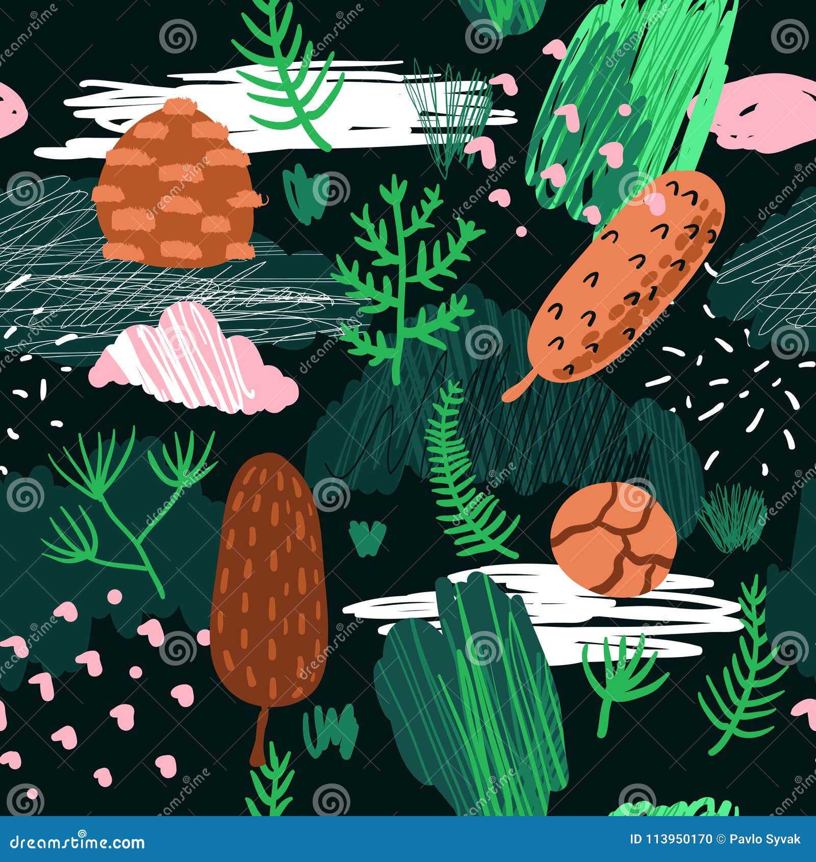 Seamless Pattern with Trees, Branches and Fir Cones. Childish Forest ...