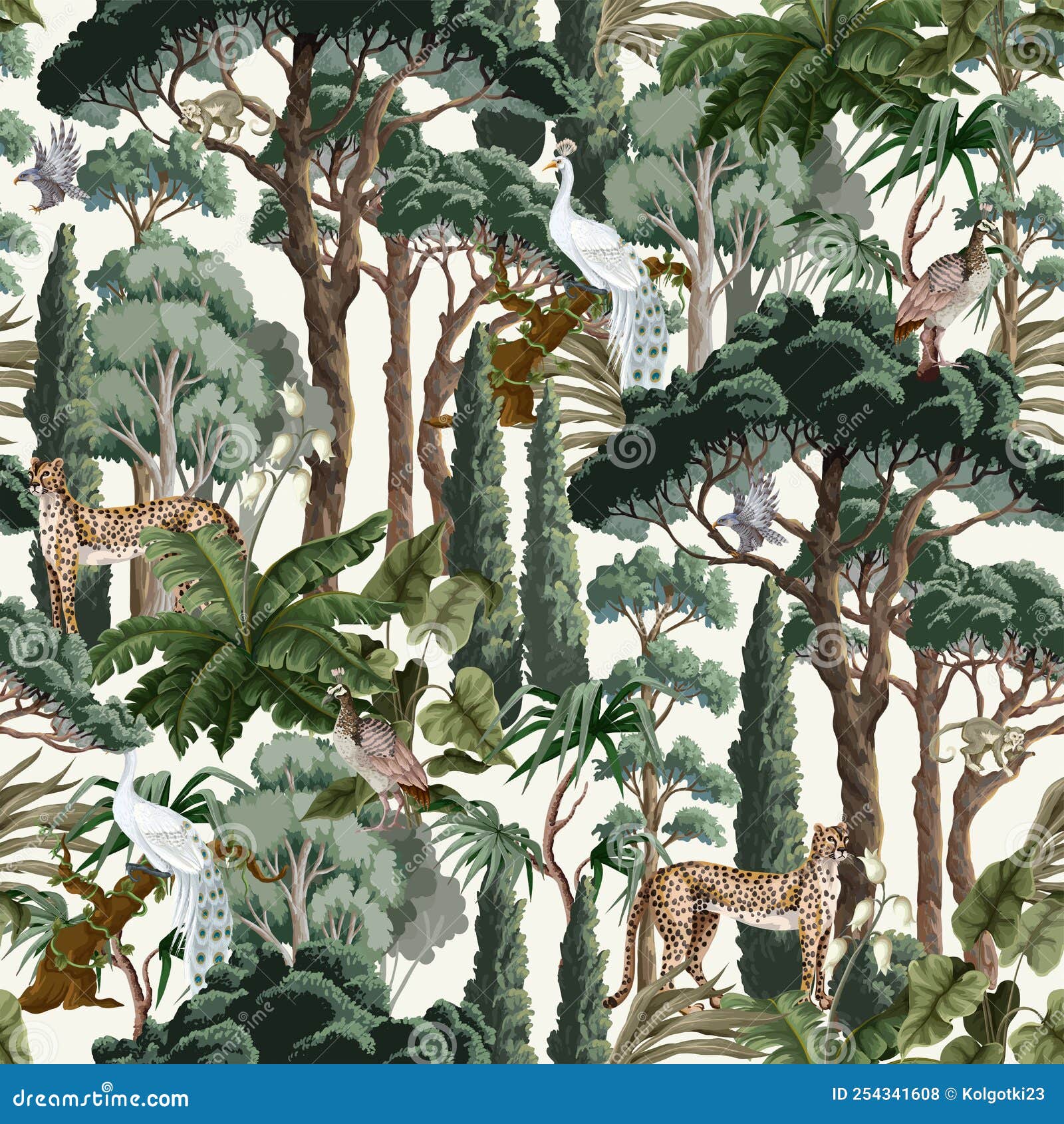 Seamless Pattern with Trees, Bushes and Animals. Vector Stock Vector ...