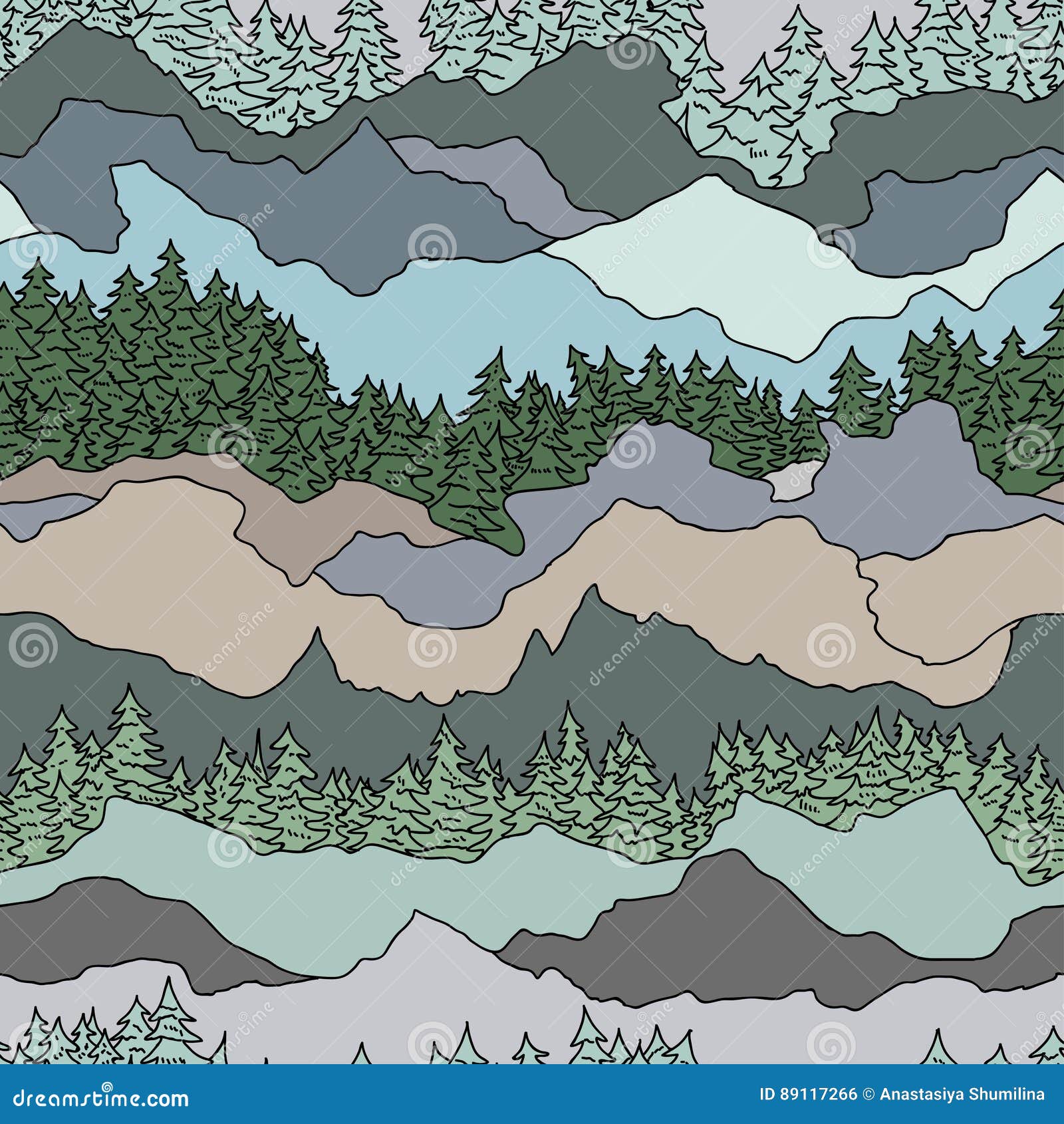 Seamless Pattern with Trees and Mountains Stock Vector - Illustration ...