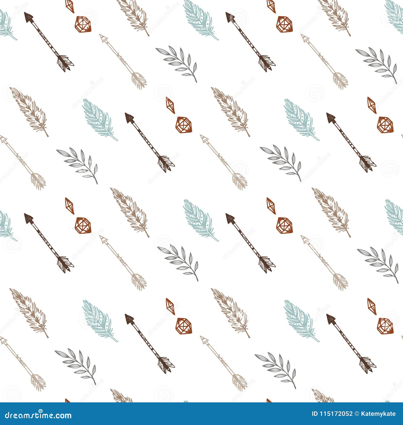 Seamless Pattern with Tribal Arrows, Feathers and Spring Branches. Hand ...