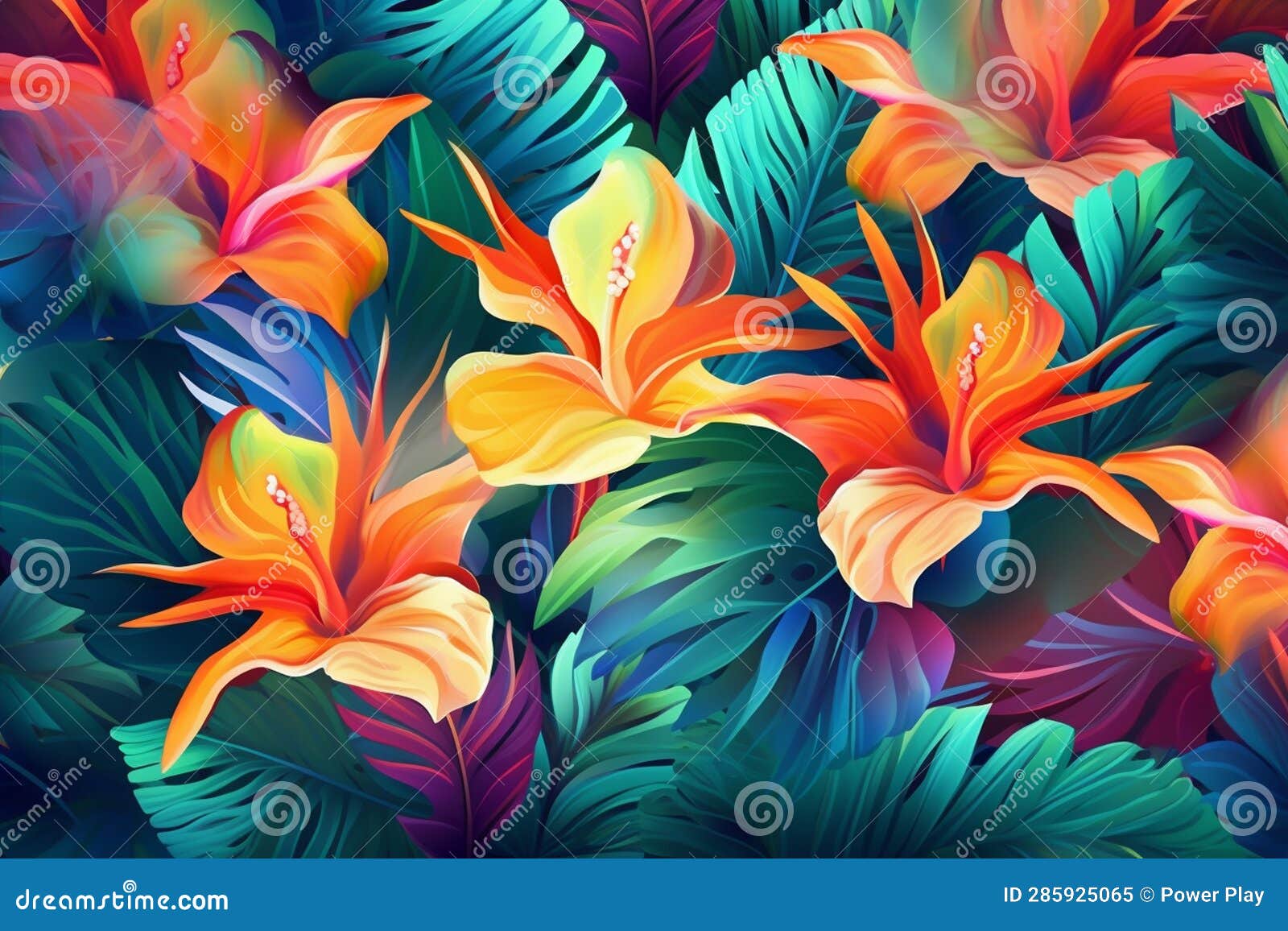 Seamless Pattern With Tropical Flowers And Leaves Vector Illustration
