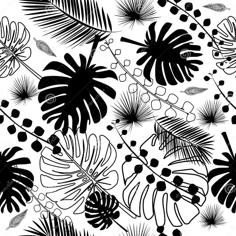 Seamless Pattern With Tropical Leaves In Black And White Colors Vector
